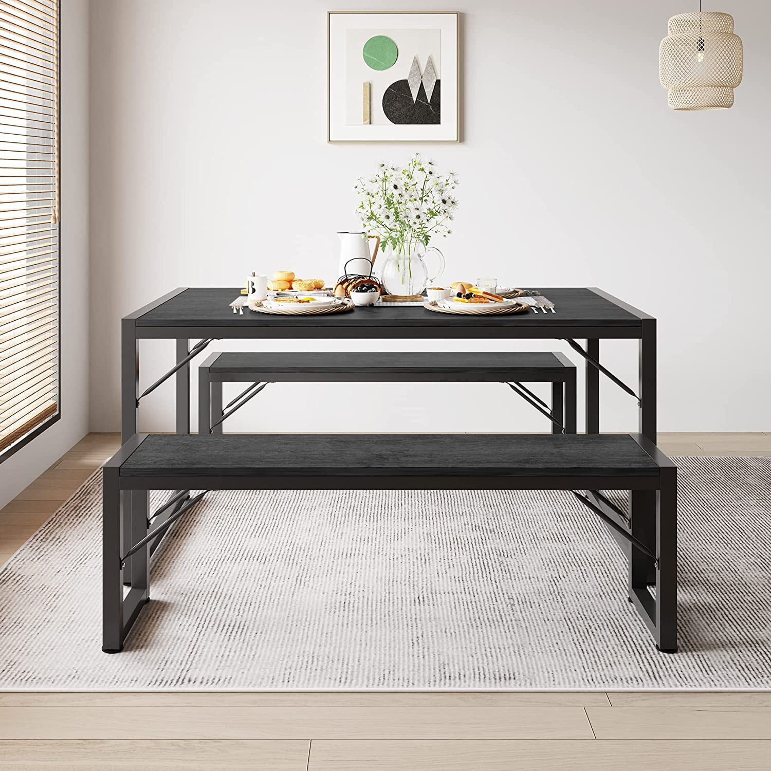 Dining Table Set for 4 People with 2 Benches, Dinette Set, 550lbs ...