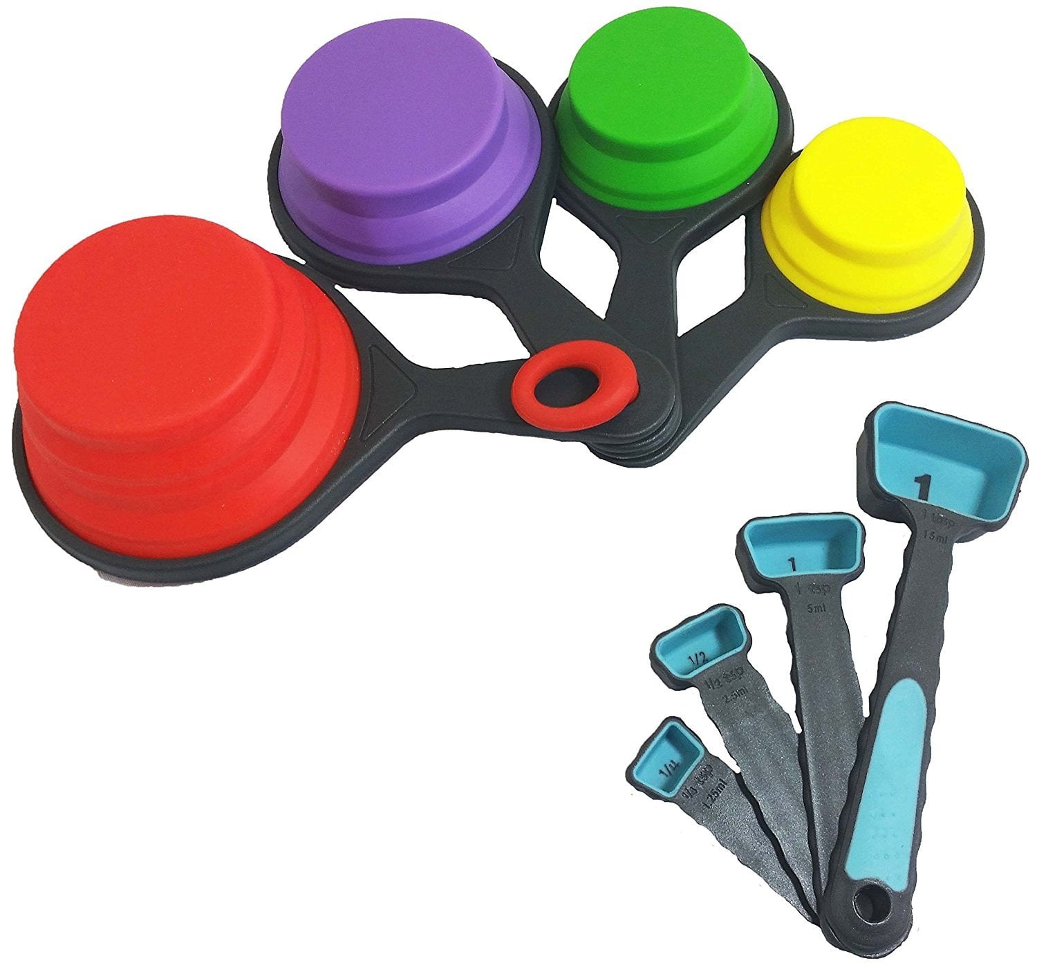 Collapsible Silicone Measuring Cups & Blue Measuring Spoon Set 8 pc set ...