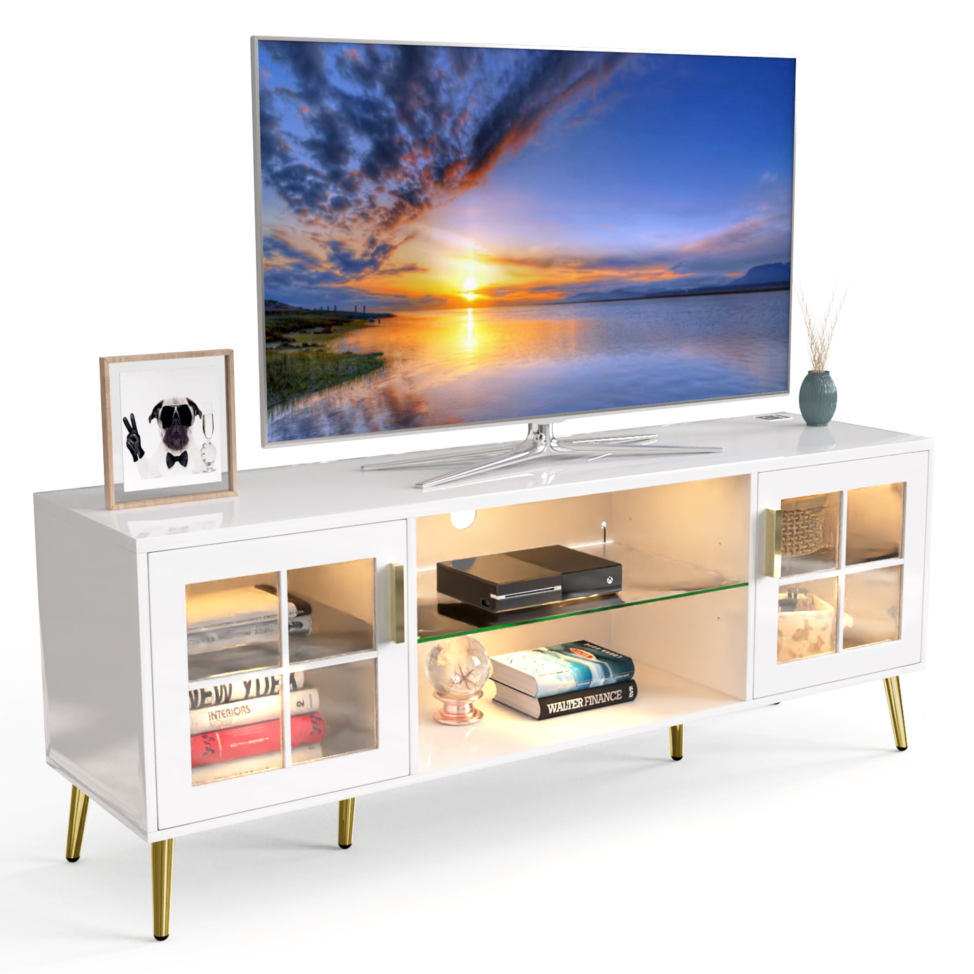 Modern White Entertainment Center with LED Lights and Storage for 65 ...