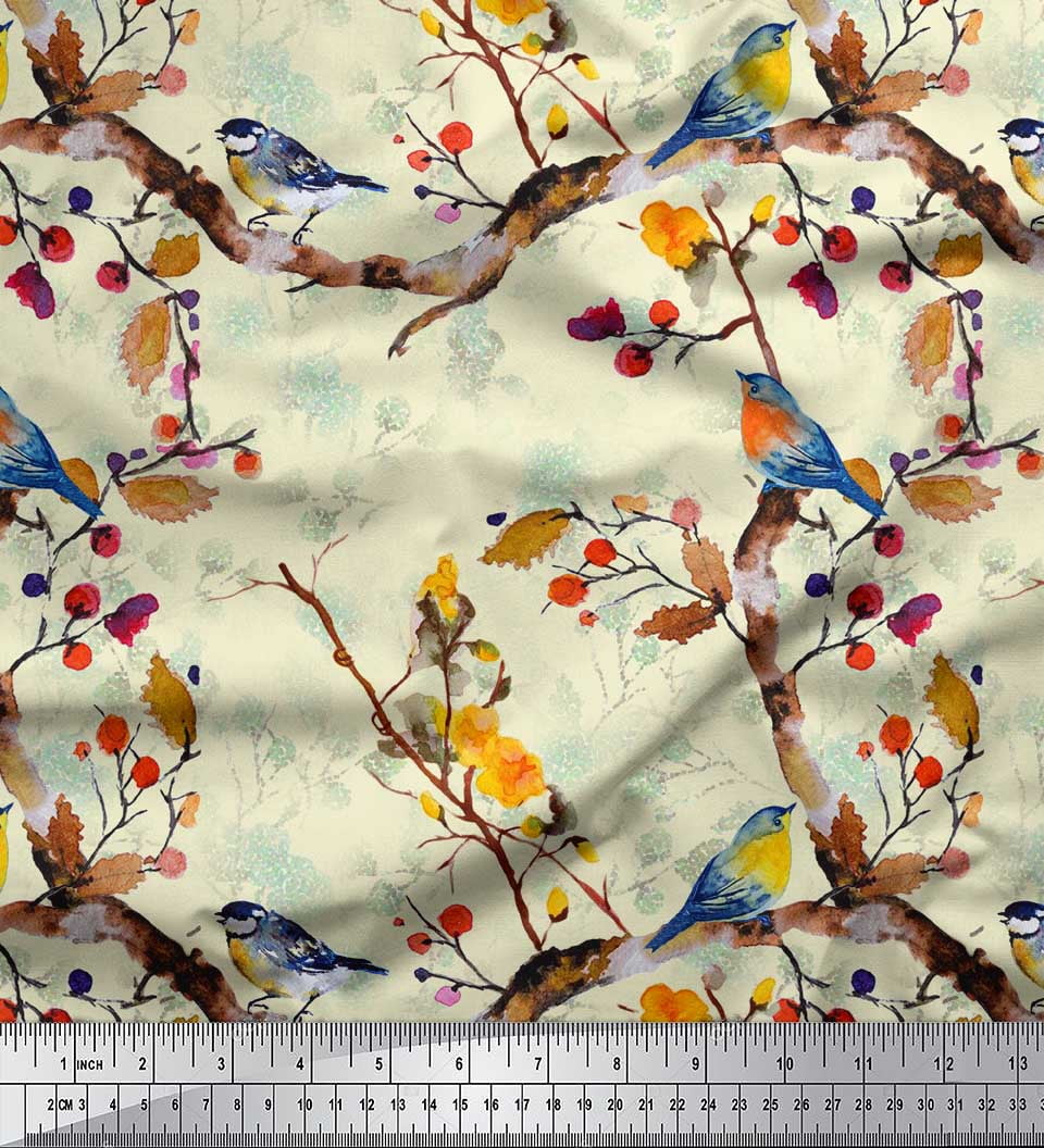 Soimoi Yellow Japan Crepe Satin Fabric Tree & American Robin Watercolor ...