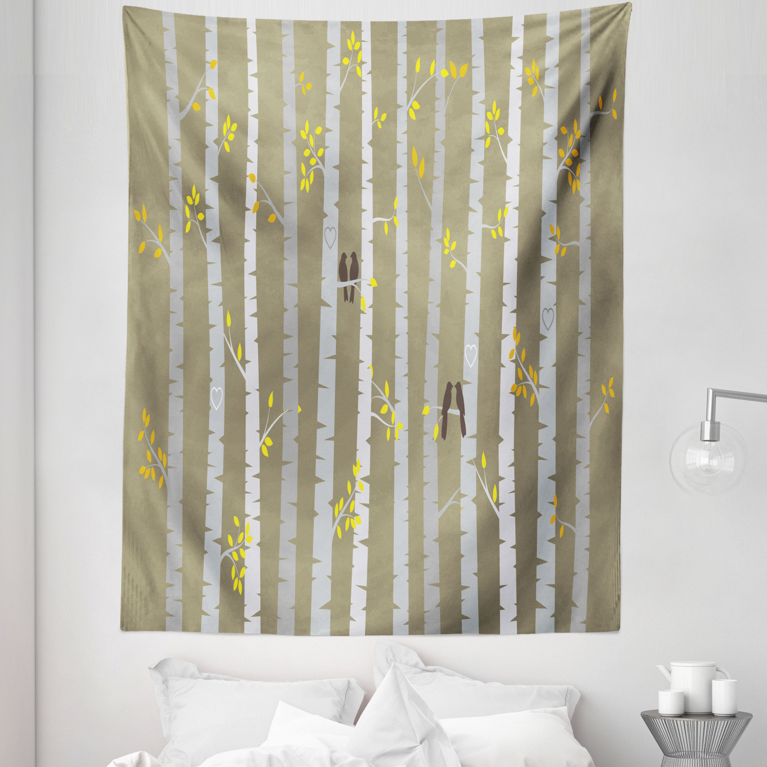 Aspen Tree Tapestry, Birch Autumn Leaves Woods with Love Birds Flowers ...