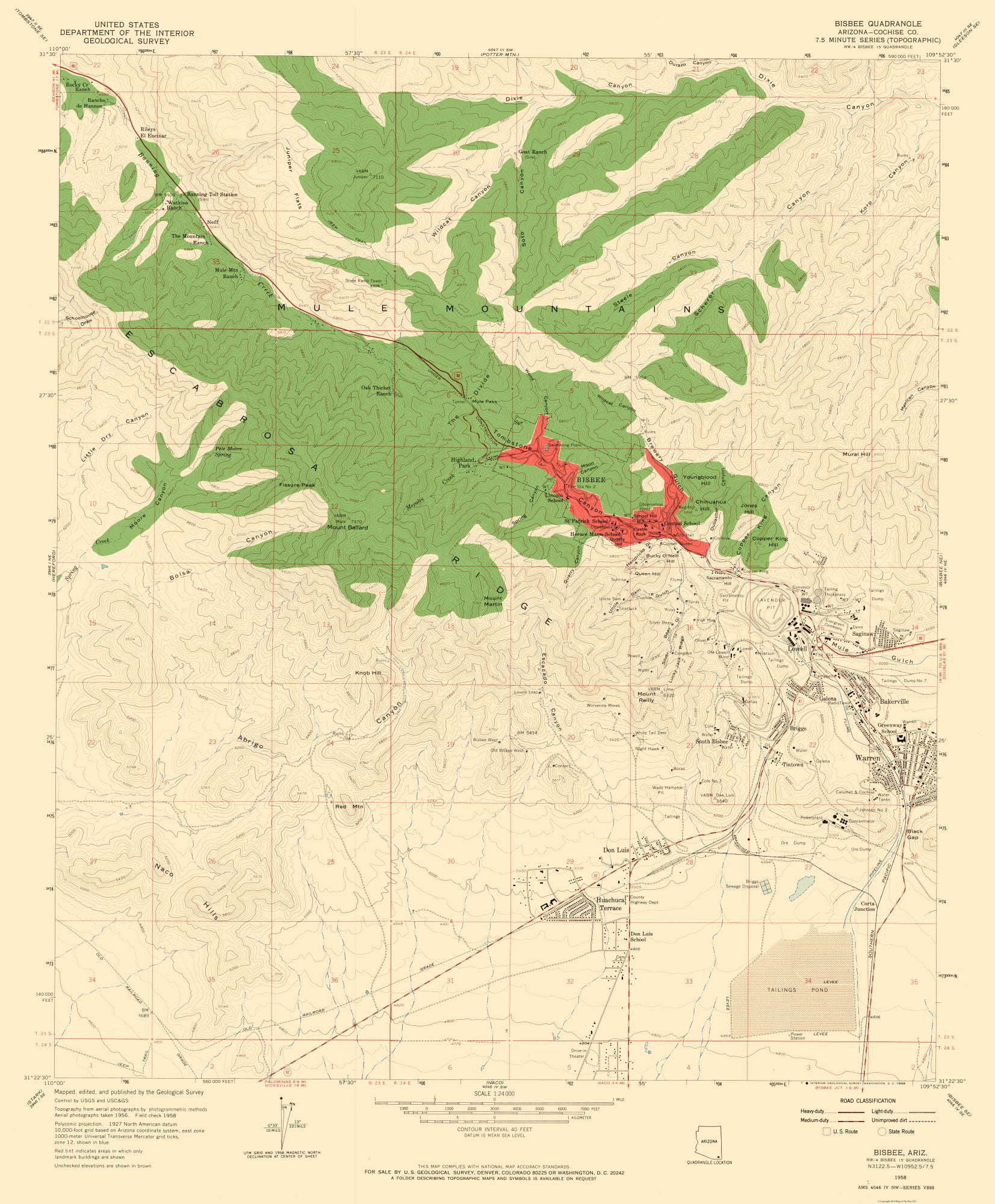 Topo Map - Bisbee Arizona Quad - USGS 1958 - 23.00 x 27.83 - Matte Art ...