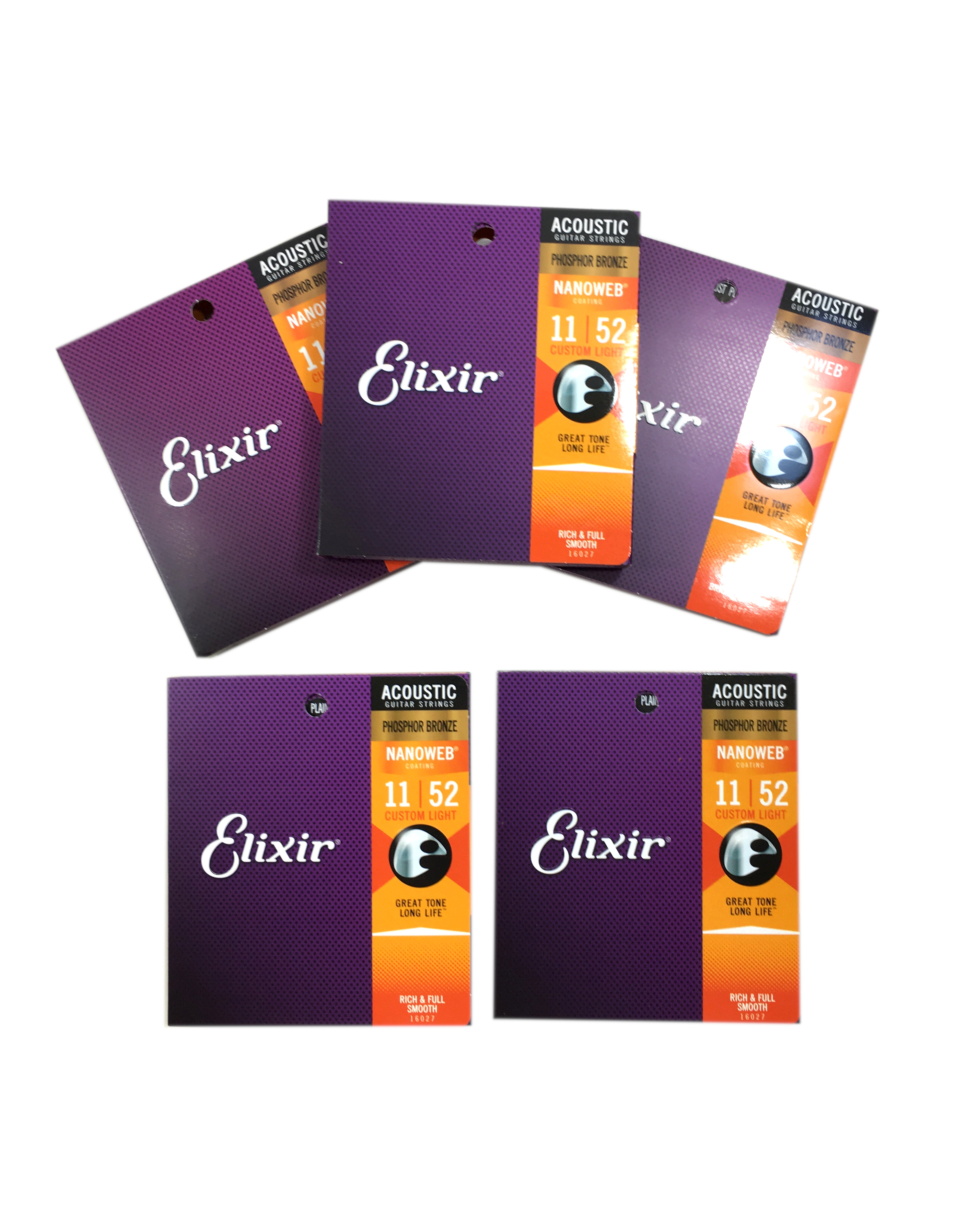 Elixir Guitar Strings 5-Pack Phosphor Bronze Nanoweb Custom Light 11-52 ...