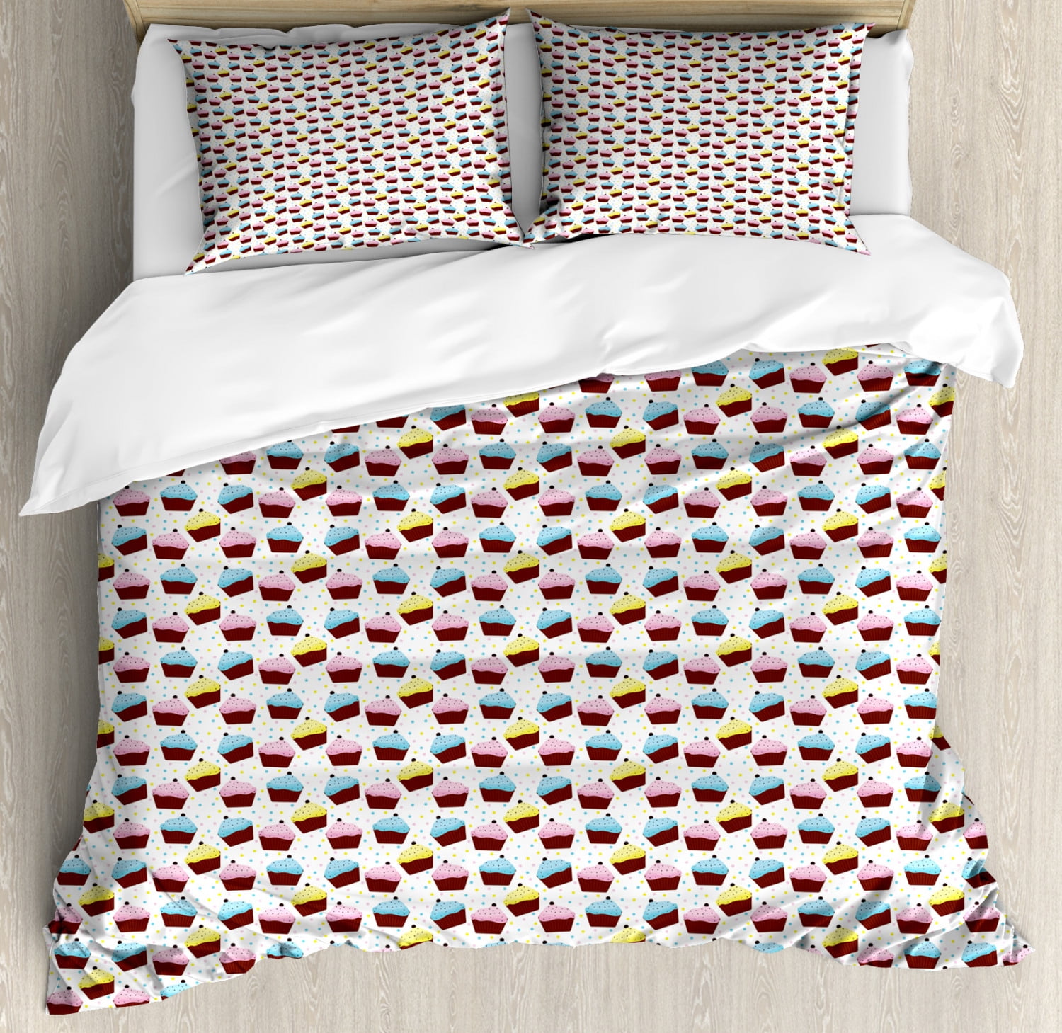 Cupcake Duvet Cover Set Queen Size, Cute Celebration Cakes on Polka ...