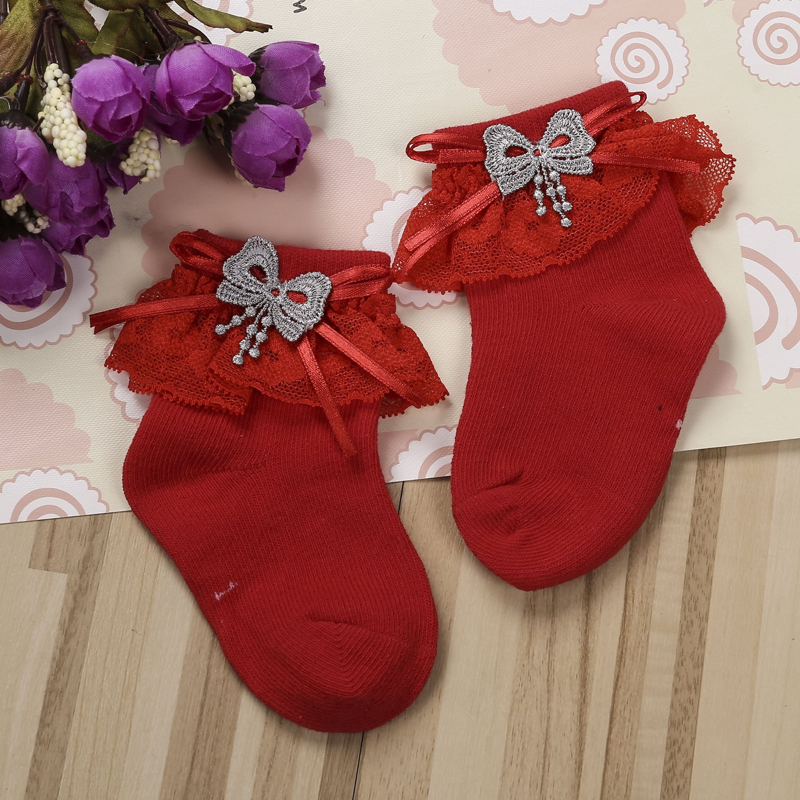 Thefound Infant Baby Girls Ruffle Socks Eyelet Frilly Lace Princess Ankle Socks Red