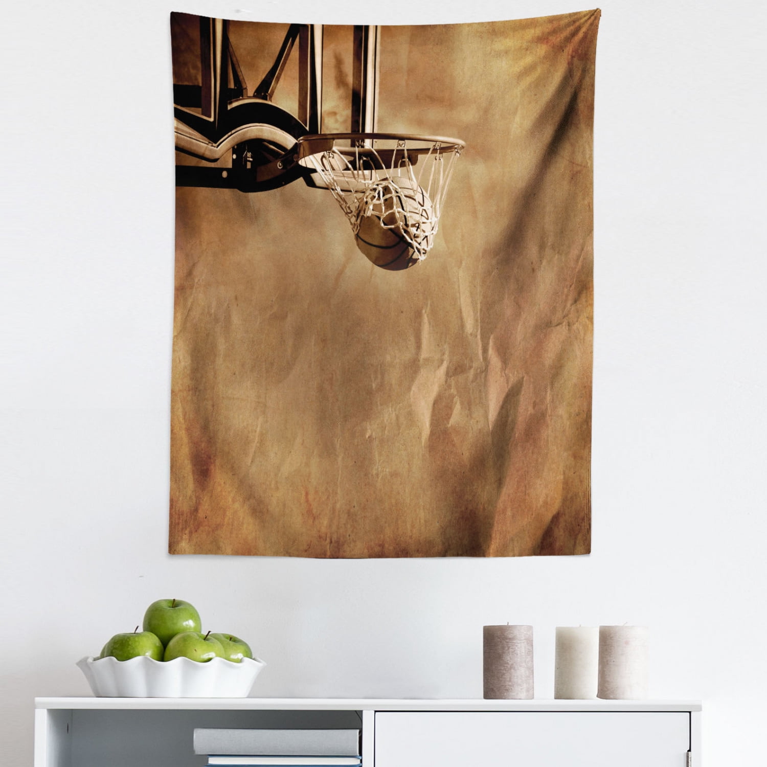 Basketball Tapestry, Ball in the Net on Crumpled Paper Style Backdrop ...