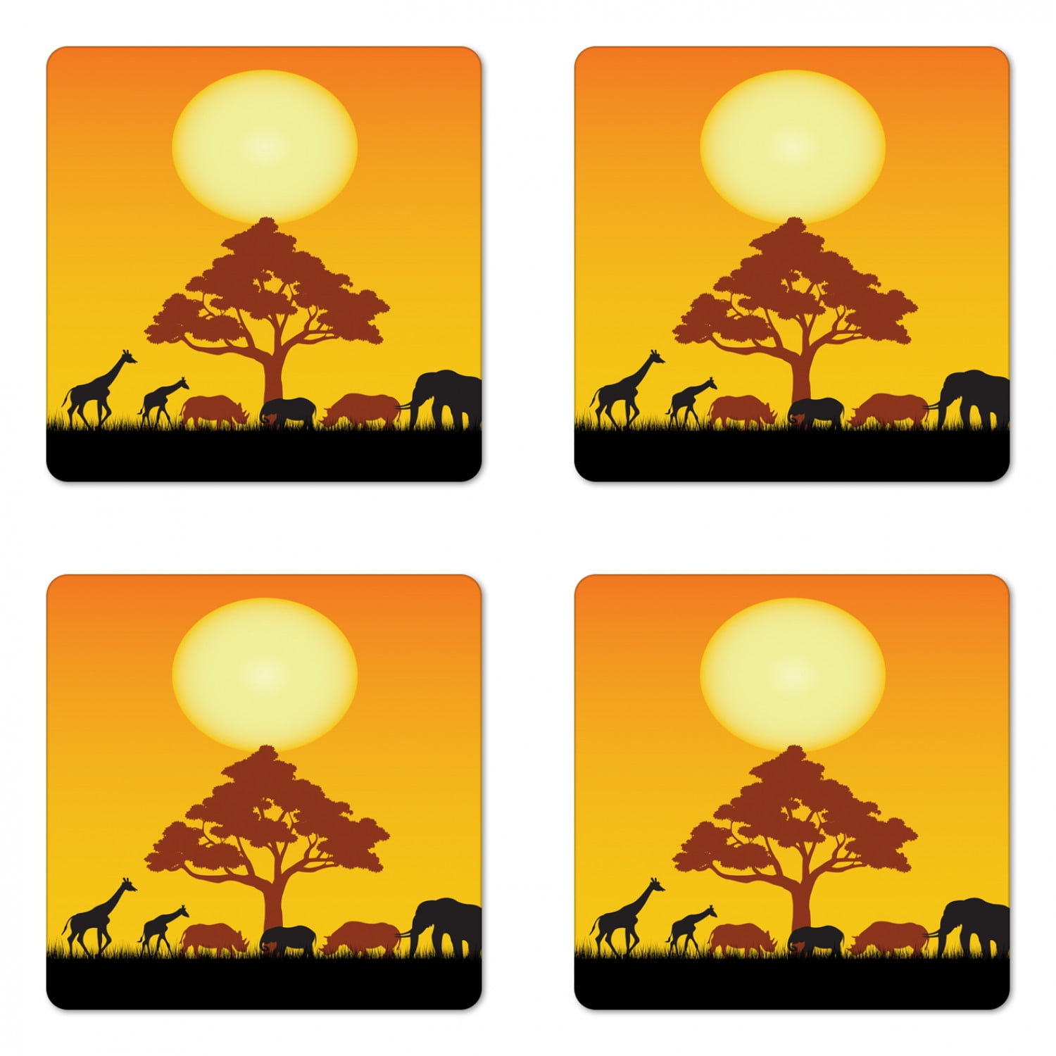 Safari Coaster Set of 4, Silhouette of Elephants Zebras Grassland and a ...