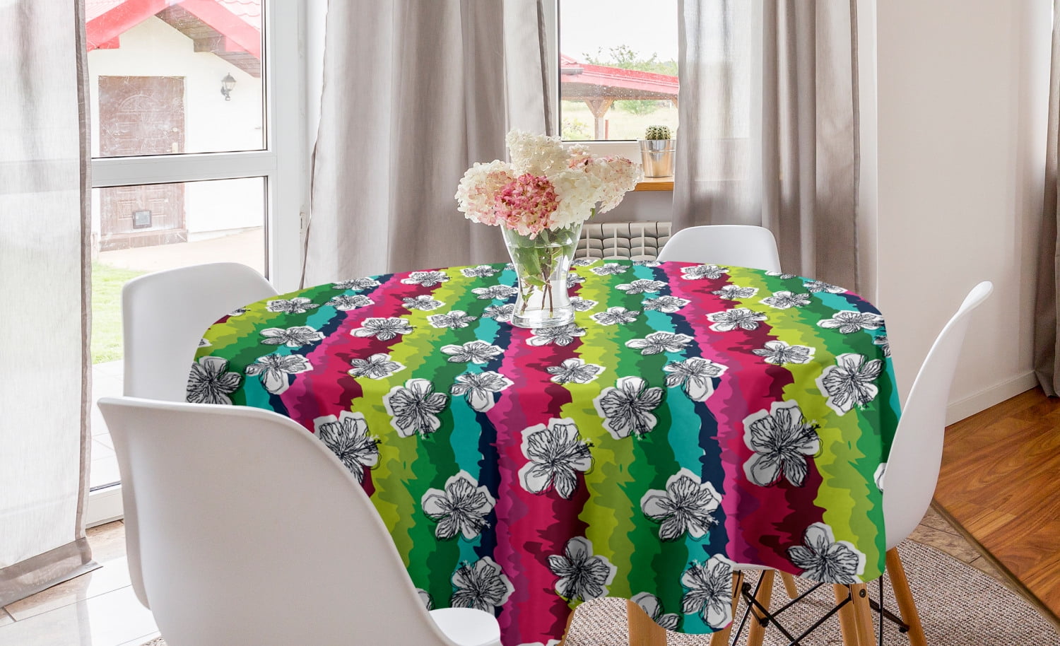 Summer Round Tablecloth, Exotic Hibiscus Petals on Grunge Rainbow Toned ...