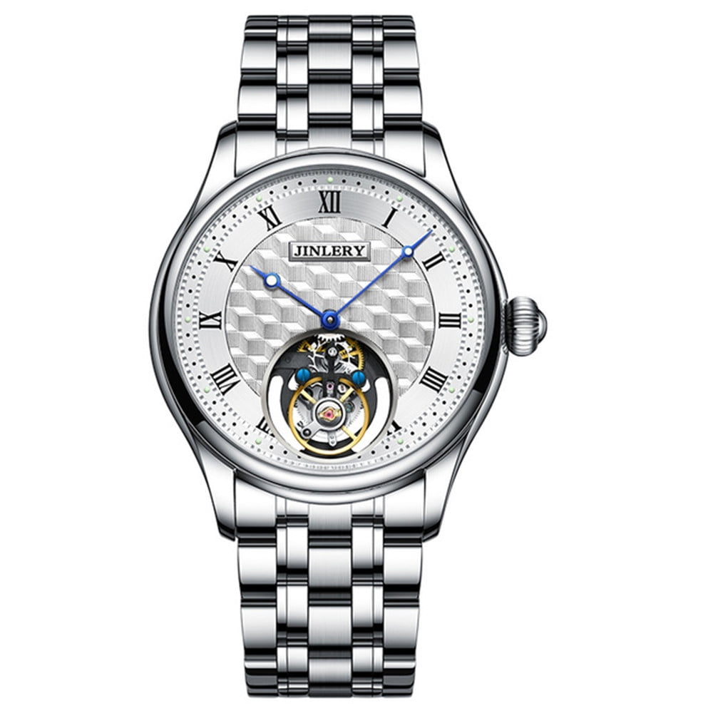 JINLERY Men Skeleton Tourbillon Watch Mechanical Hand Wind Stainless ...