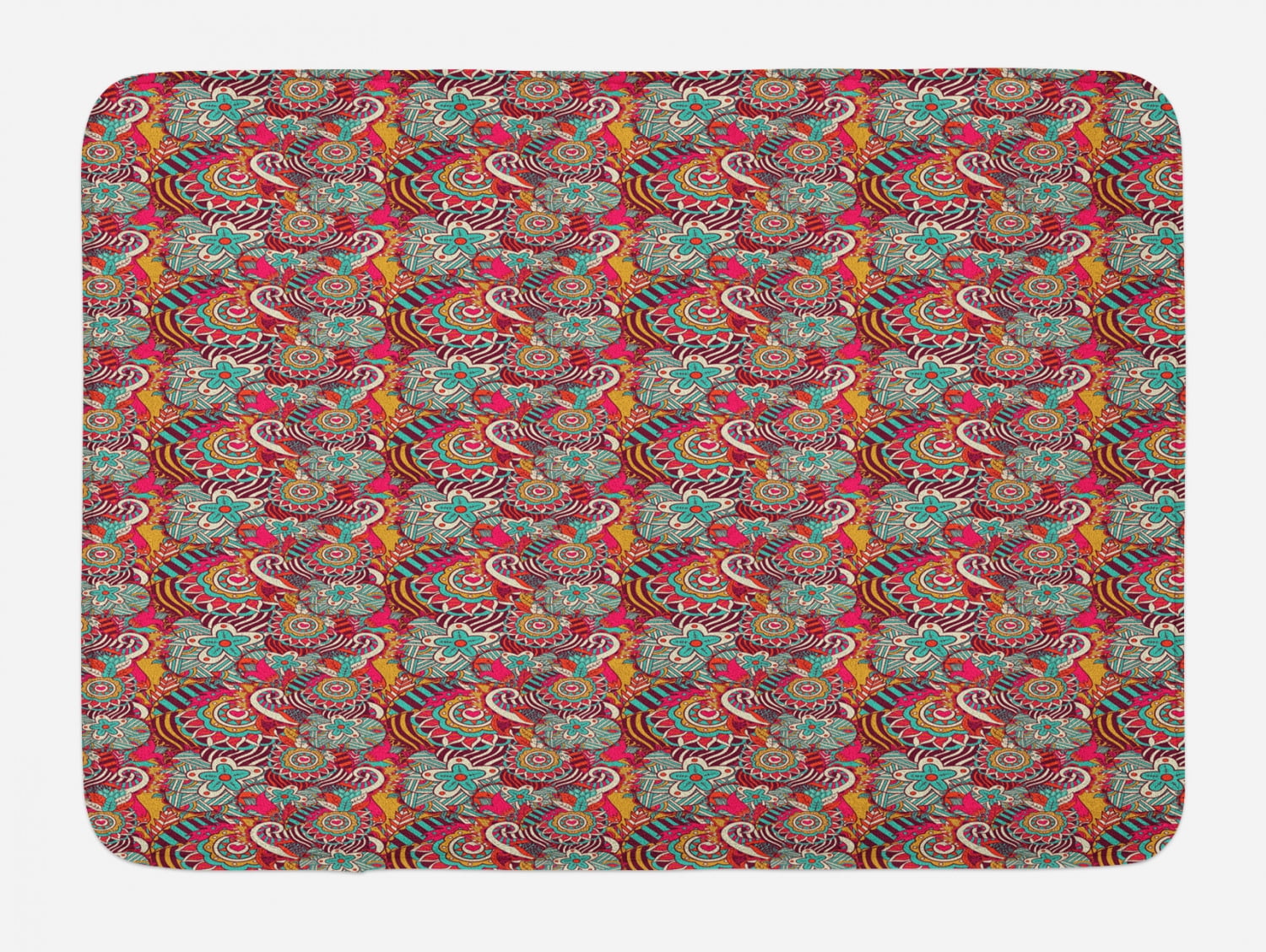 Colorful Bath Mat, Hand Drawn Composition with Flowers Stars and Hearts ...