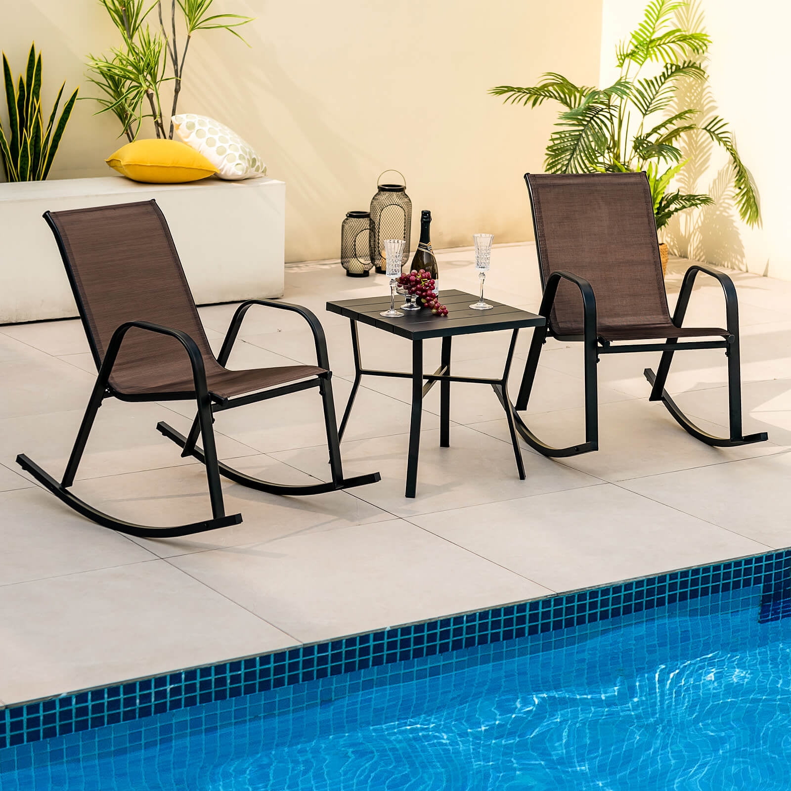 Costway 4pcs Patio Rocking Chair Heavy Duty Metal Rocker Outdoor Anti Slip Brown