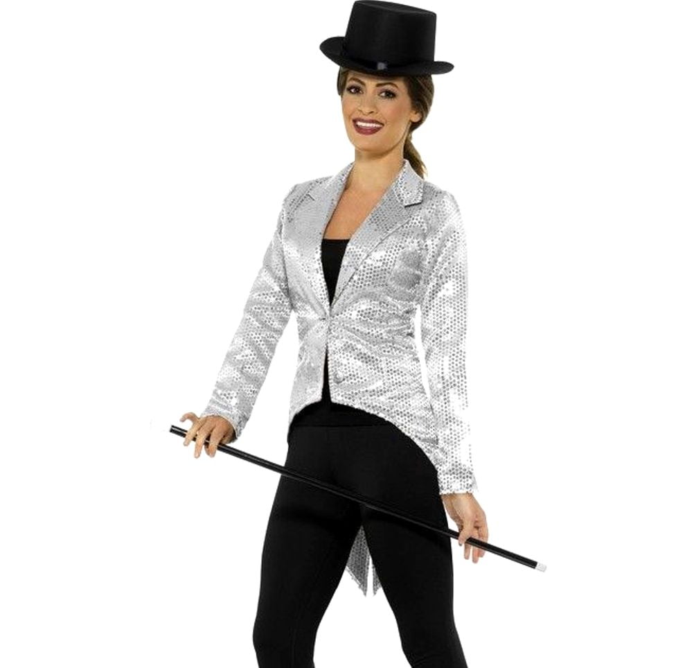 Silver Sequin Tailcoat Costume Jacket Womens Adult Disco Dance Showbiz ...