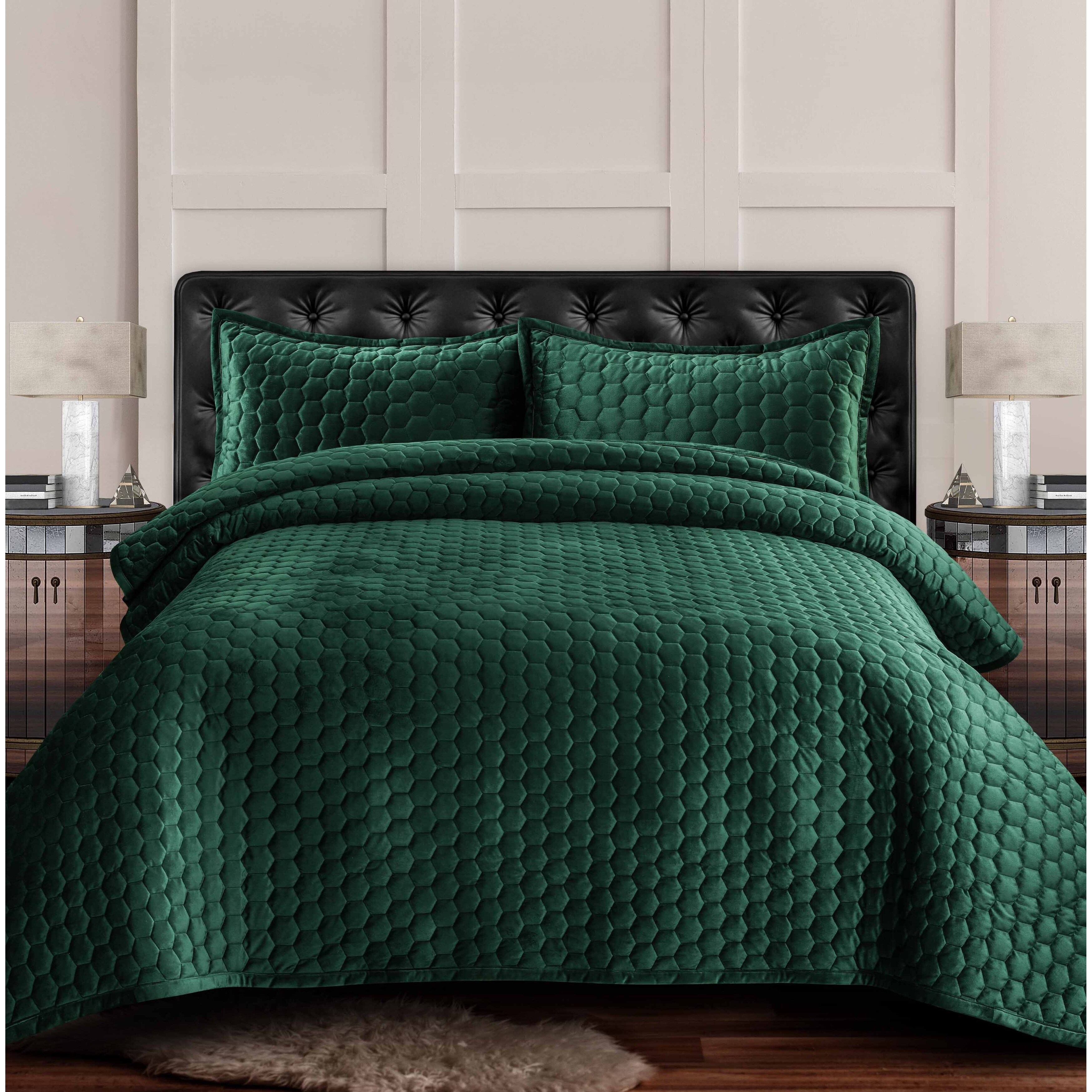 Lugano Honeycomb Velvet Oversized Solid Quilt Set Teal Queen 3 Piece ...