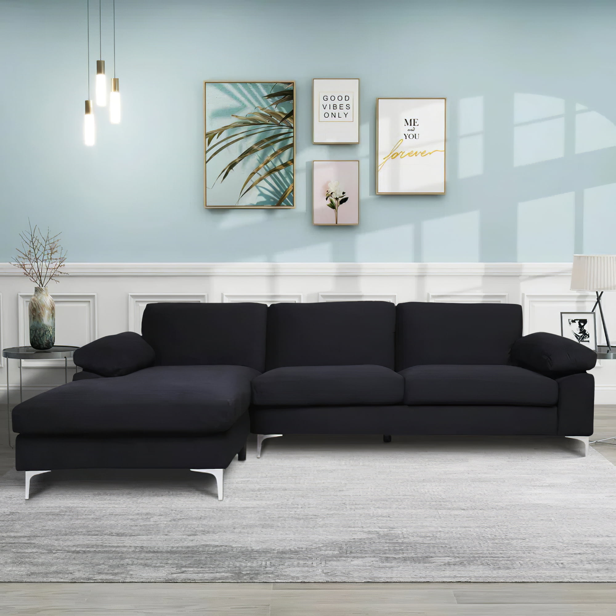 Anysun Velvet Sectional Sofa with Chaise Left Hand Facing - Pure Black ...