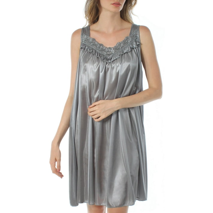 Venice Womens Silky Looking Embroidered Nightgown 42n Large Charcoal