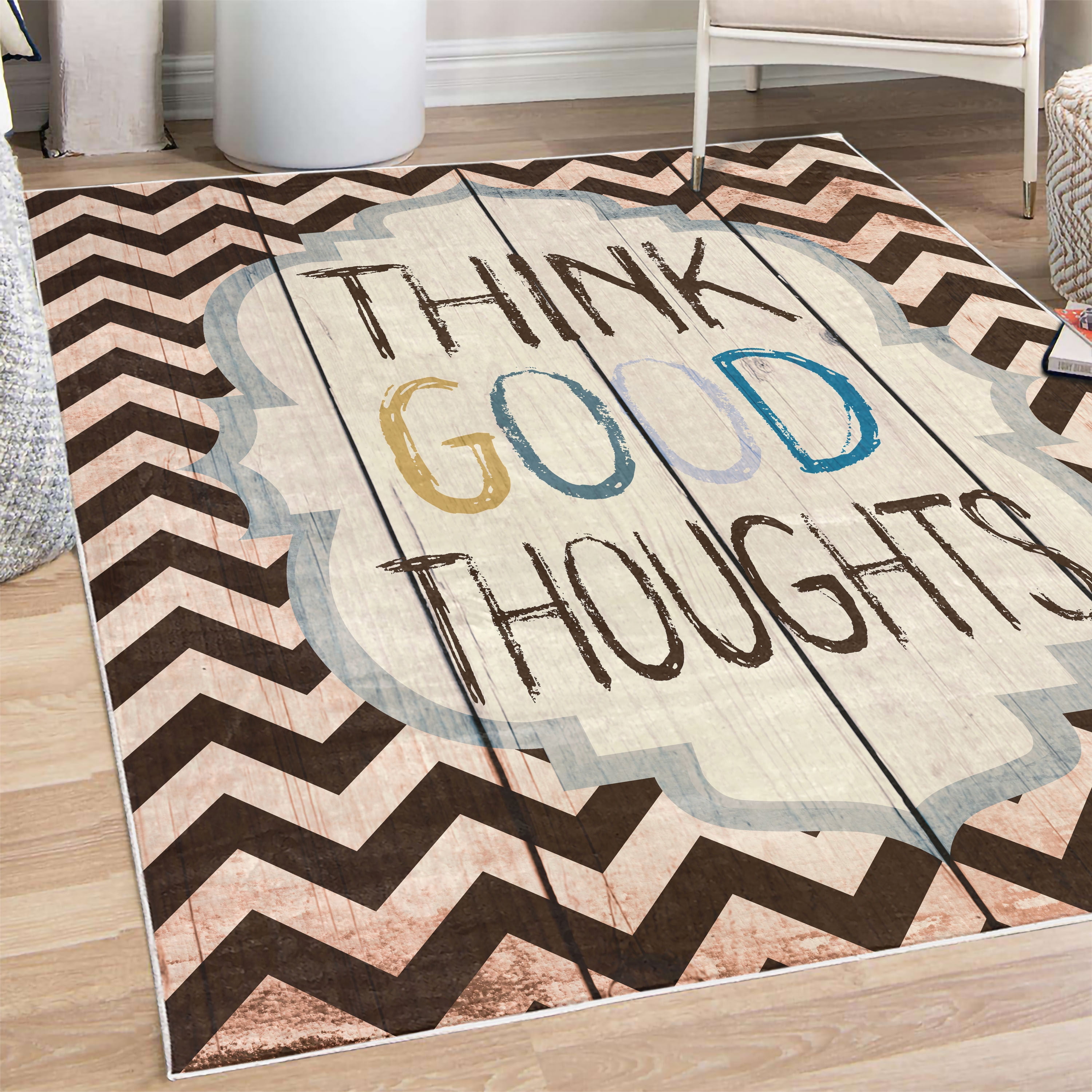 Saying Decorative Rug, Think Thoughts Message with Rainbow Colored ...
