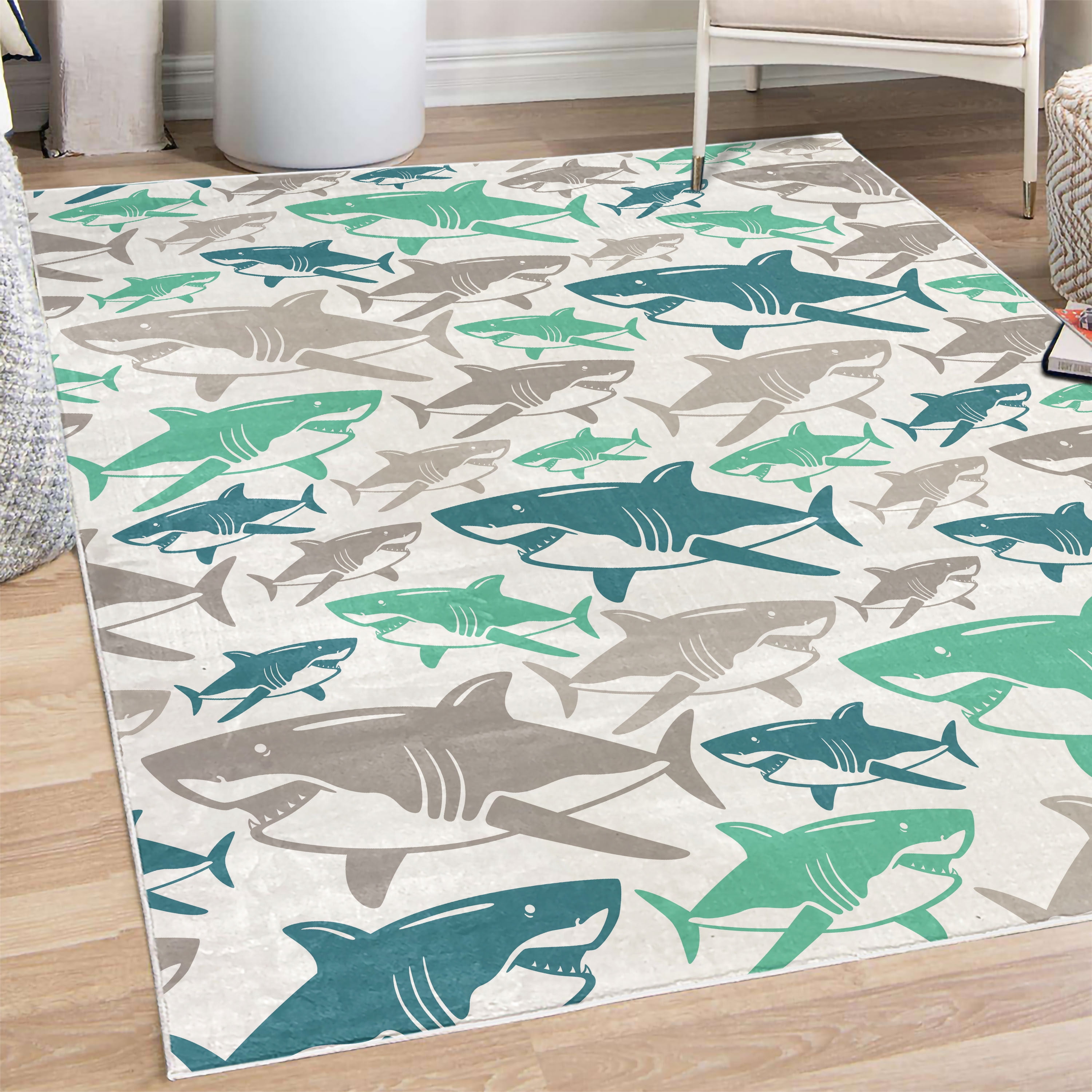 Shark Decorative Rug, Colorful Underwater Fish Pattern Masters Survival ...