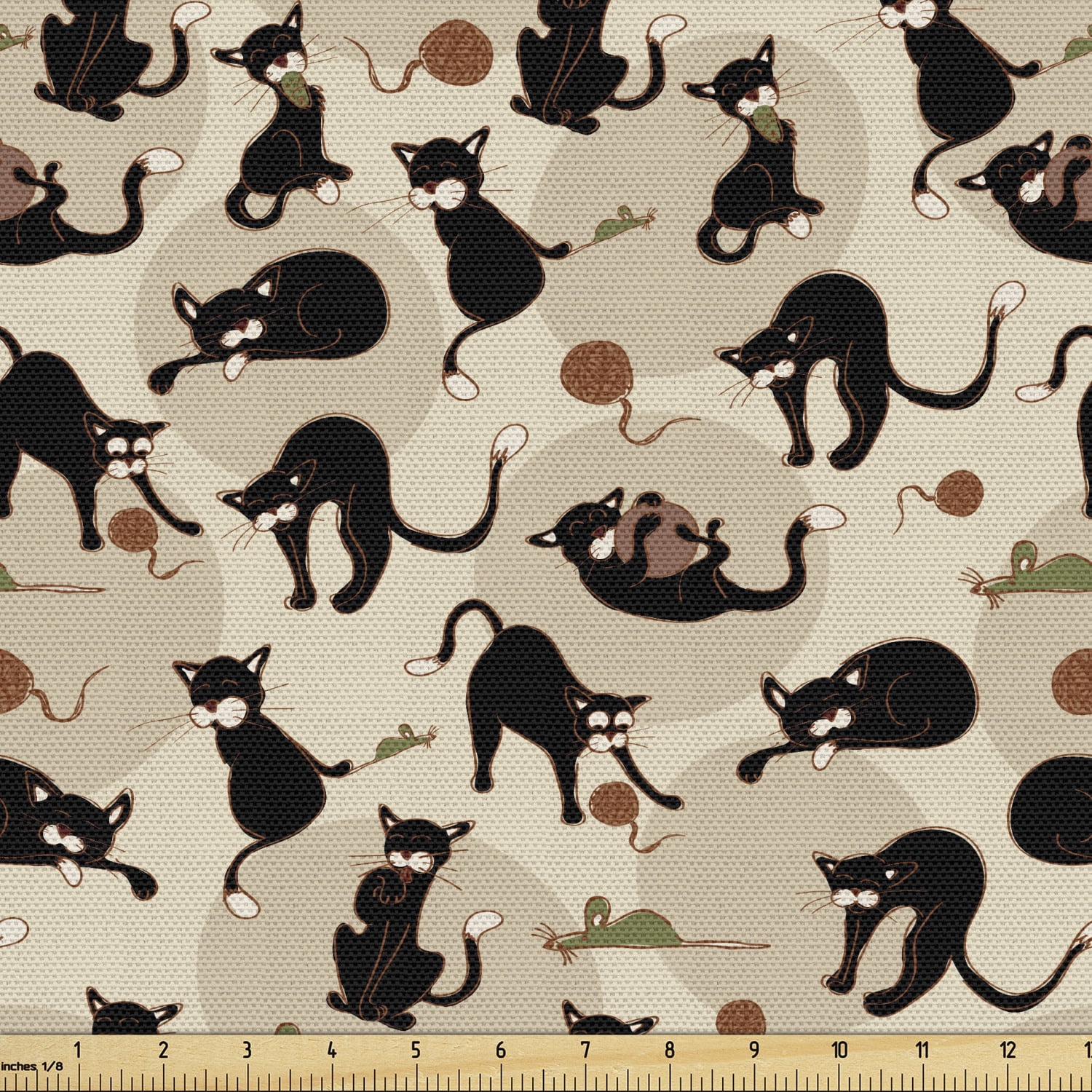 Cat Fabric by the Yard Upholstery, Hand Drawn Feline Pattern House Pet ...