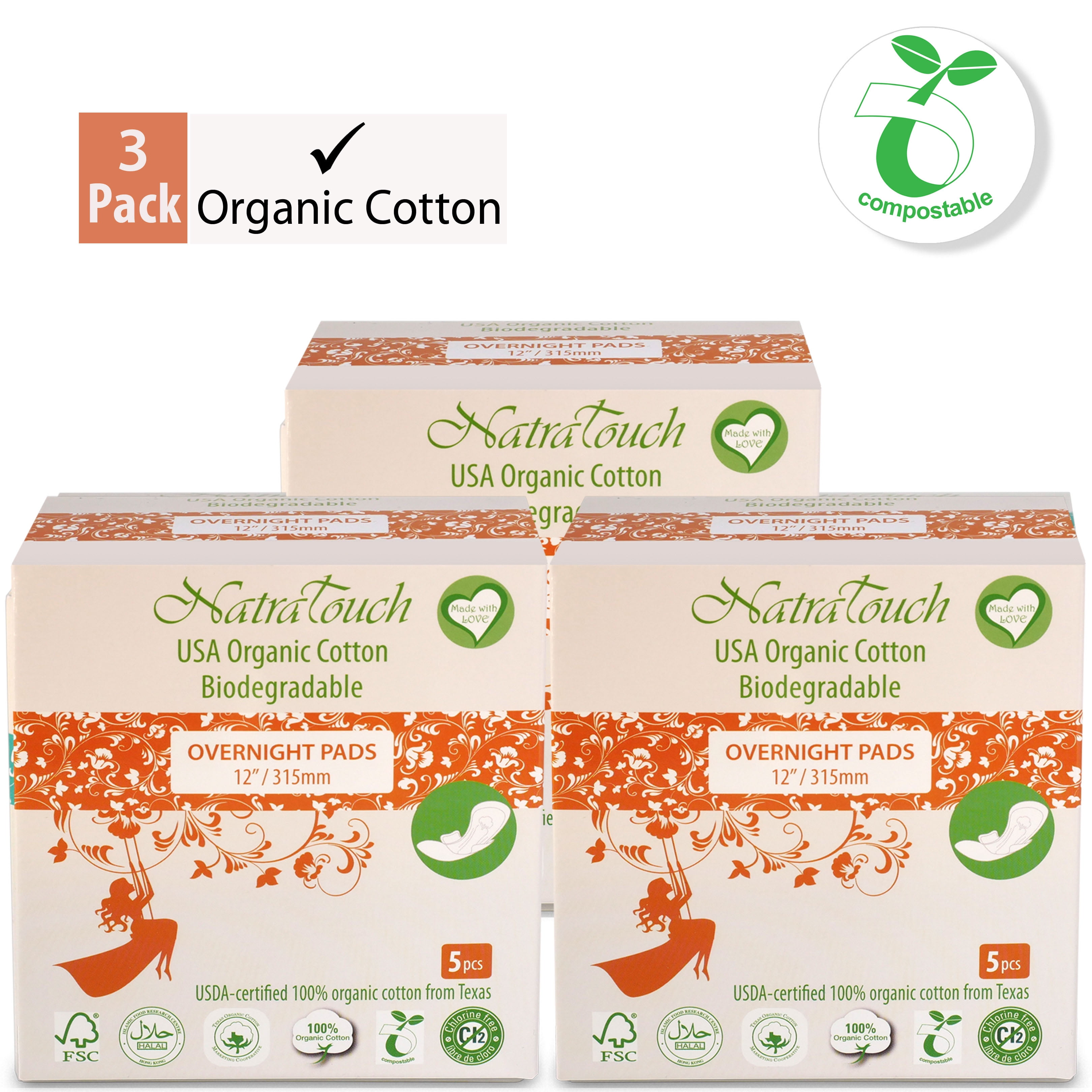 NATRATOUCH ~ COMPOSTABLE ~ Certified Organic Cotton Overnight Pads (3 ...