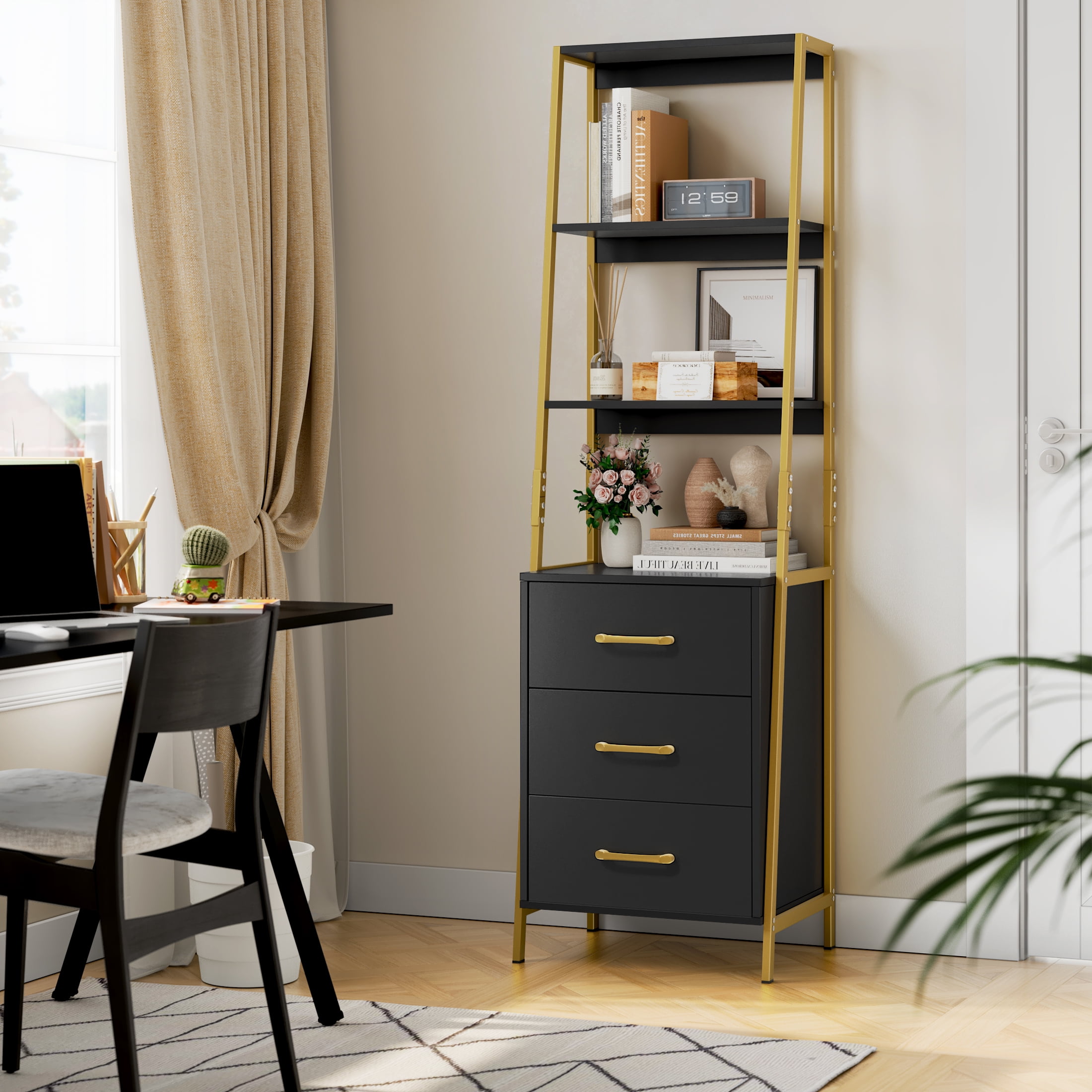 Homfa Trapezoidal Bookshelf with 3 Wooden Drawers, 3-Tier Display Shelf ...