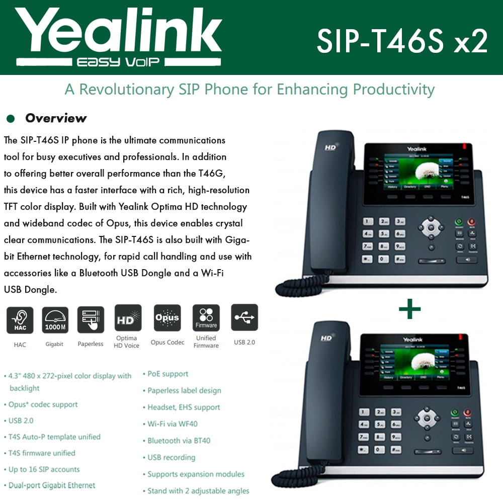 Yealink IPPhone SIP-T46S 2-Pack Optima HD USB Dongle PoE 16 VoIP ...