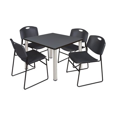 42 in. Kee Round Breakroom Table & 4 Restaurant Stack Chairs, Grey ...
