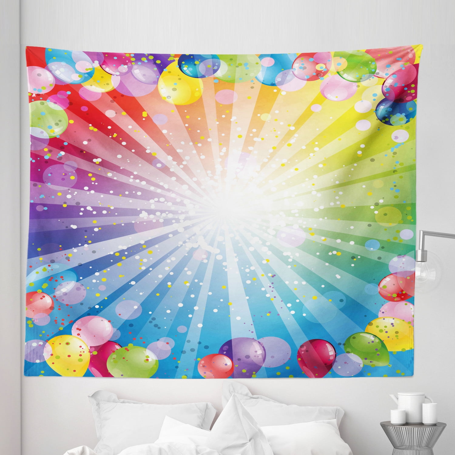 Party Tapestry, Pattern of Striped Backdrop with Balloons Dots ...