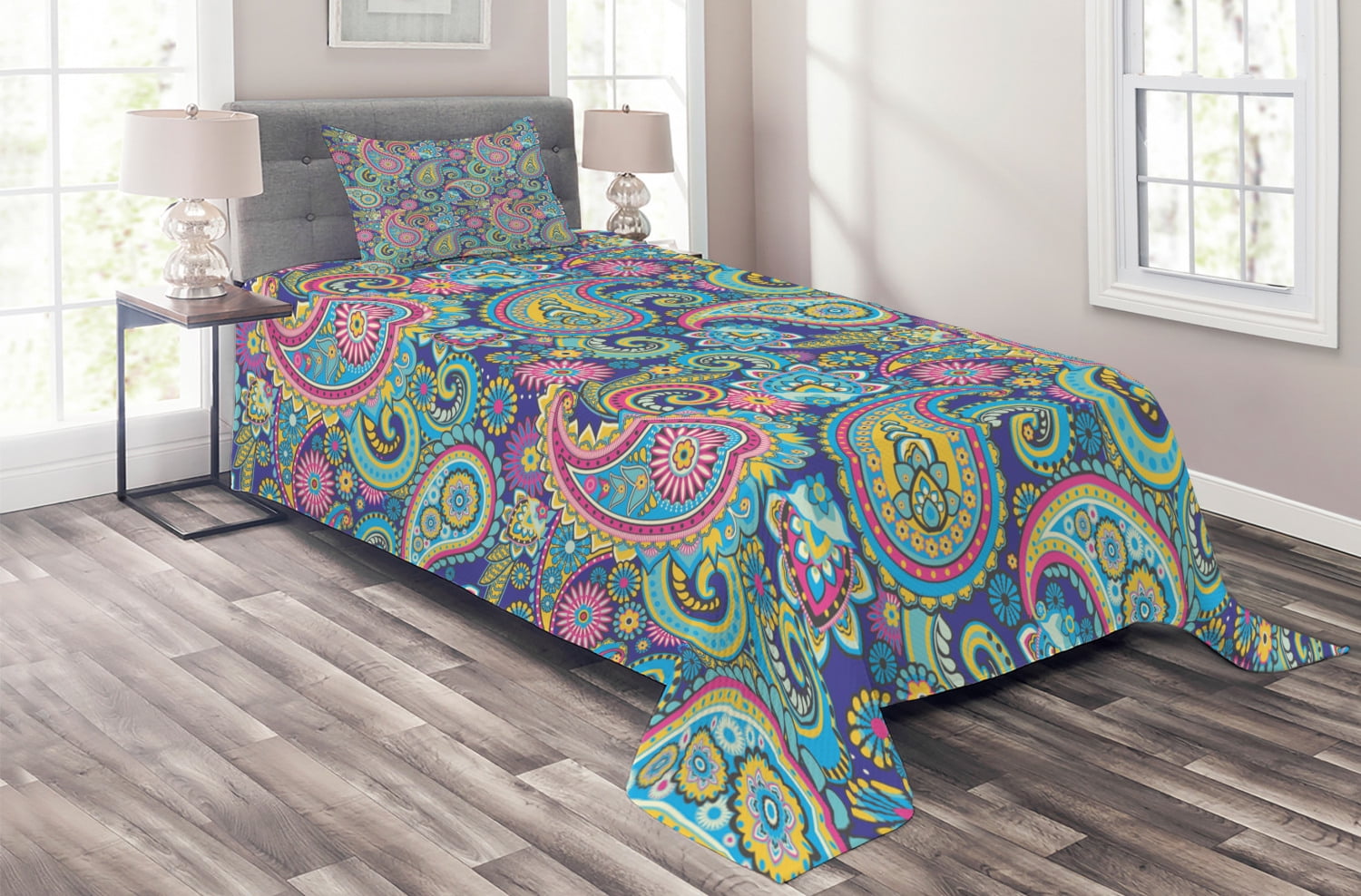 Ambesonne Paisley Quilted Coverlet 2 Pcs Bohem Colorful Twin Size