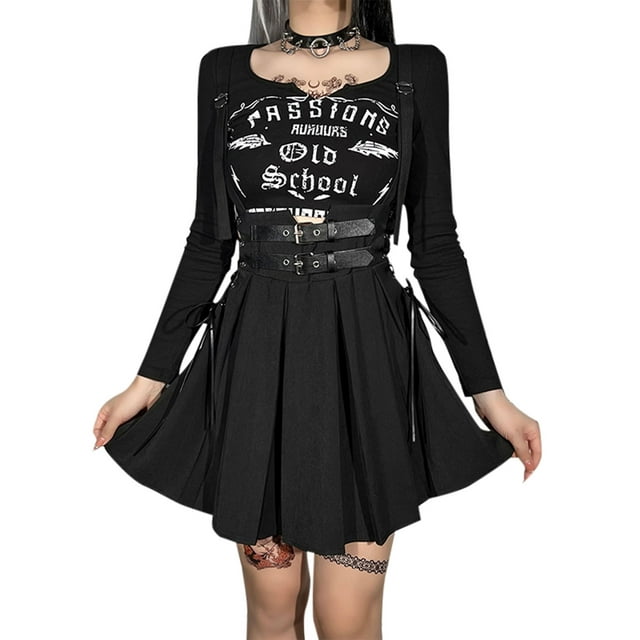 Seyurigaoka Women Gothic Overall Dress, Pleated Side Lacing Punk ...