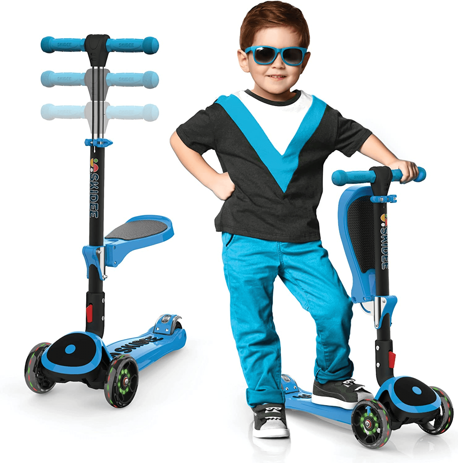 Skidee Kick Scooters for Kids, Adjustable Height, Foldable, LED Lights ...
