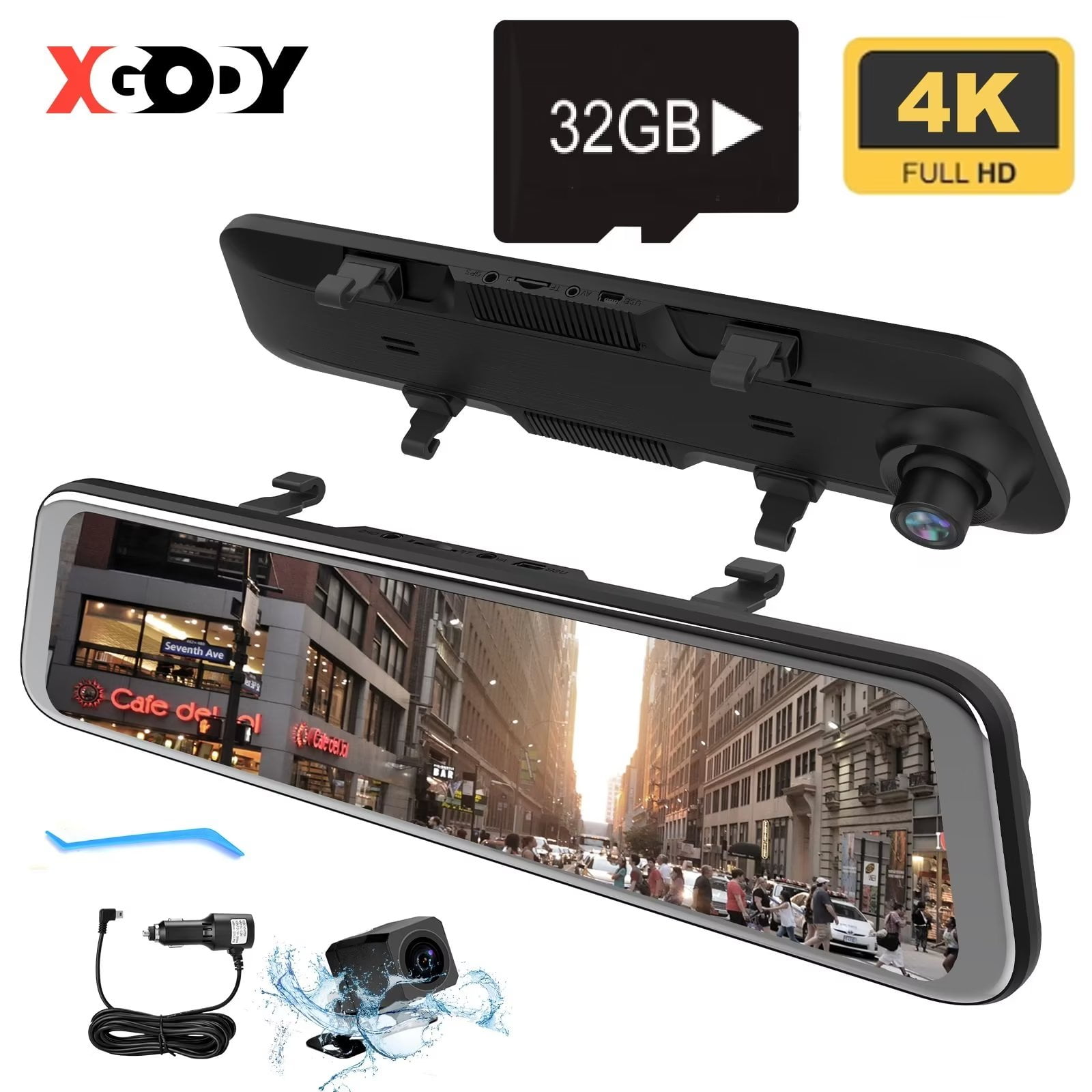 XGODY 12 inch Mirror Dash Camera With 32GB TF Card 4K + 1080 Dual Dash ...