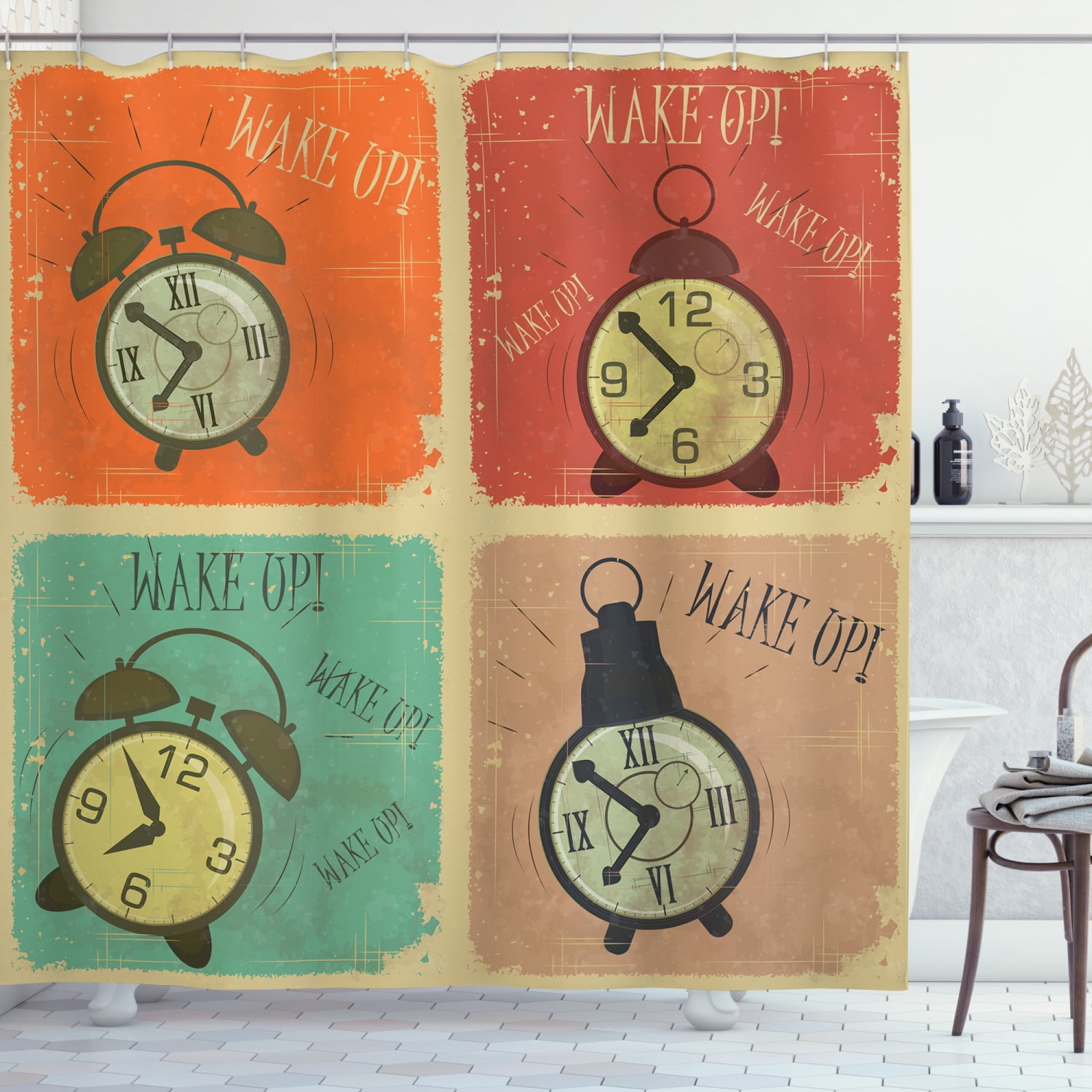 Number Shower Curtain, Grunge Retro Wake Up Alarm Clocks Old Fashioned ...