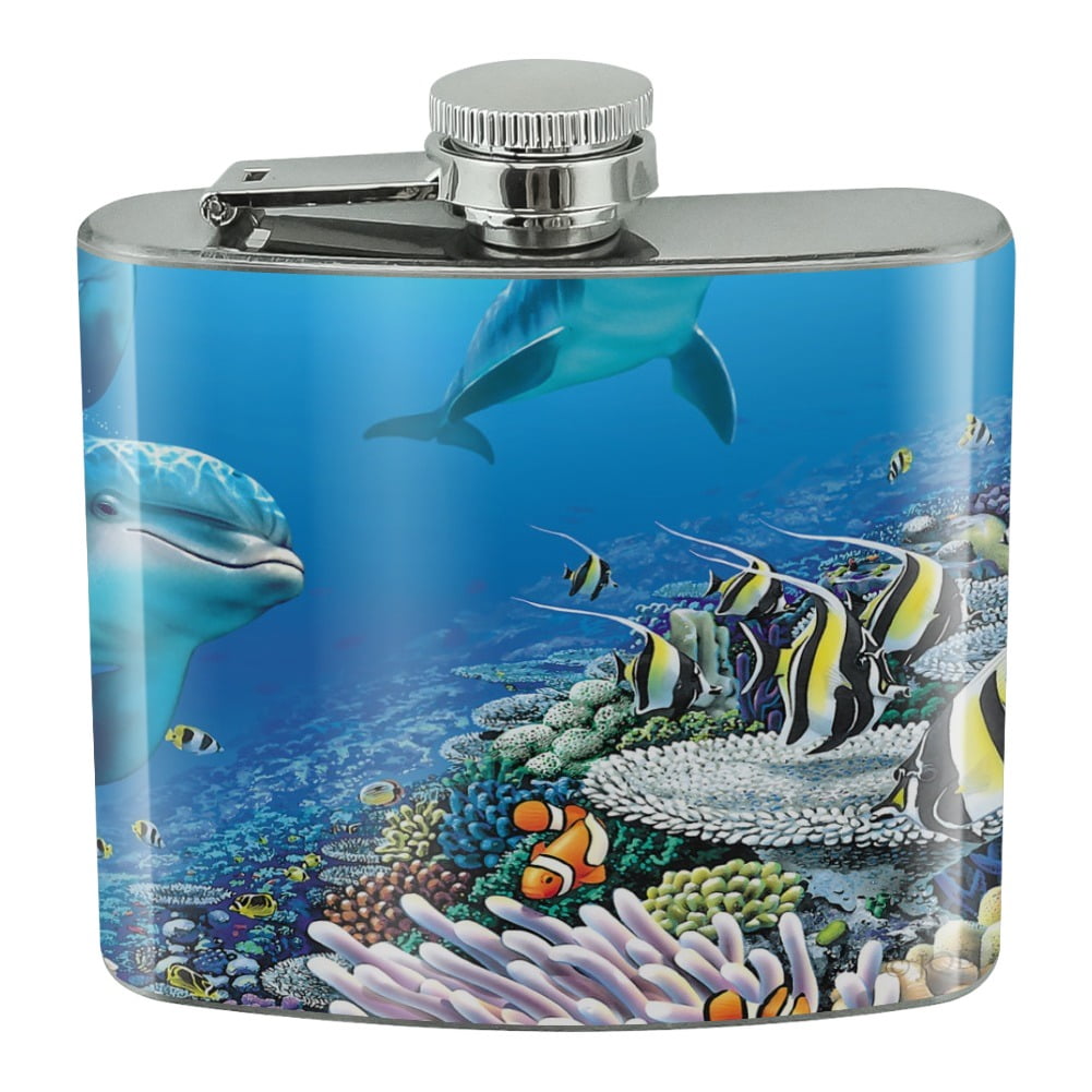 Ocean Underwater Dolphins Scuba Diving Reef Stainless Steel 5oz Hip ...