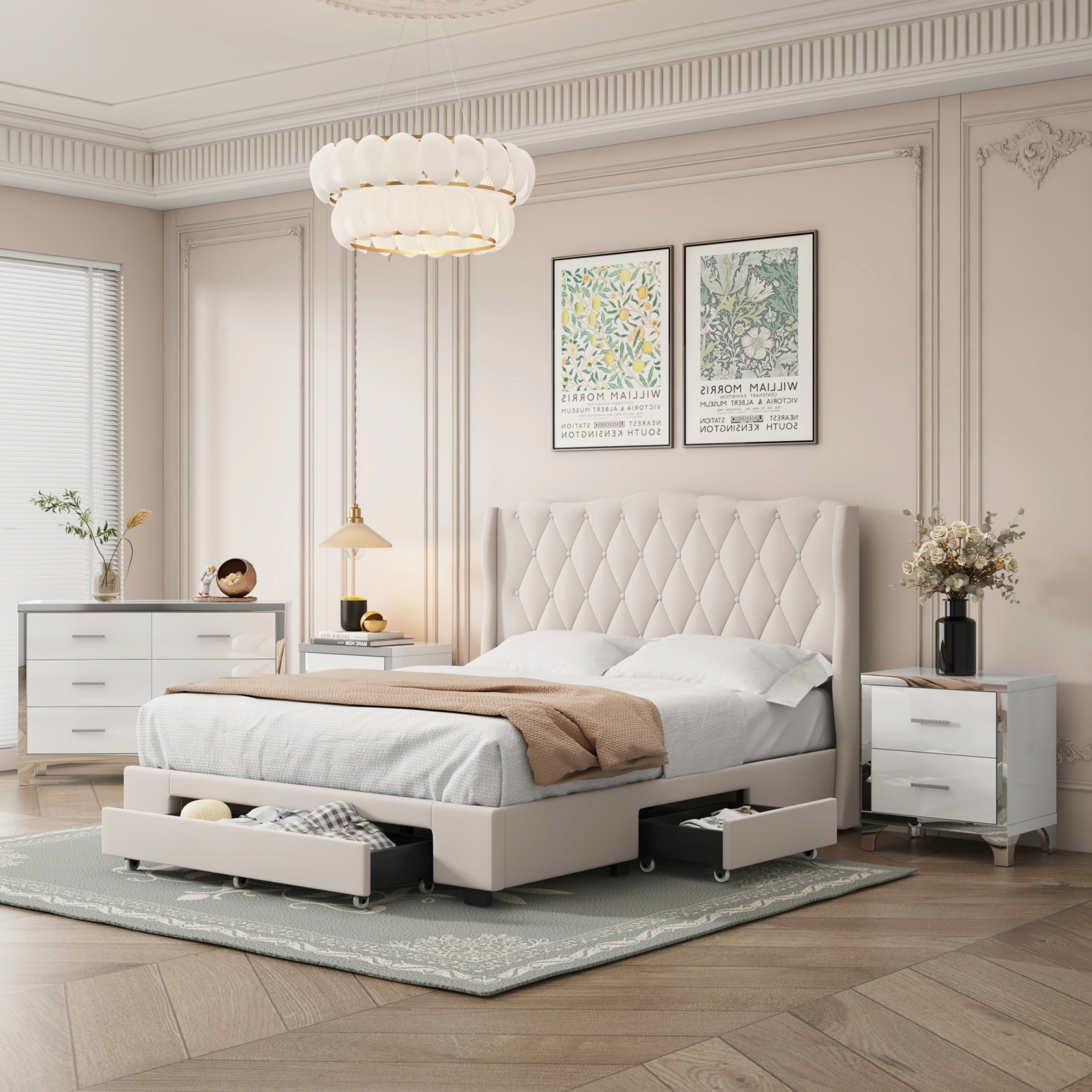 4-Pieces Bedroom Sets Queen Size Upholstered Bed with Three Drawers ...