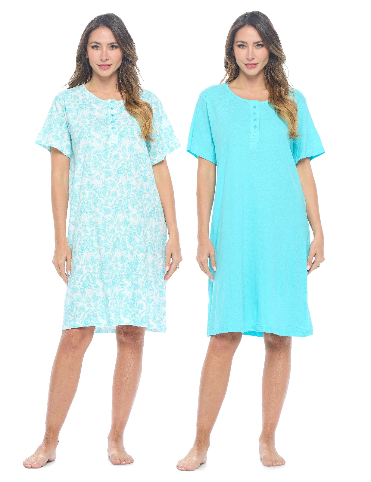 Casual Nights Women's Henley Nightshirts Set of 2, Floral Short Sleeve ...