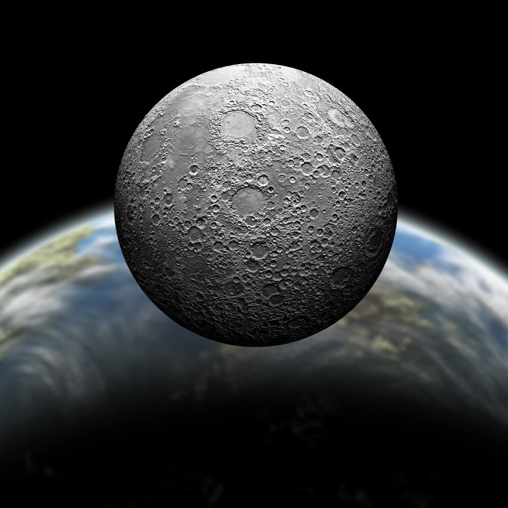 An artist's depiction of a heavily cratered moon in orbit around it's ...