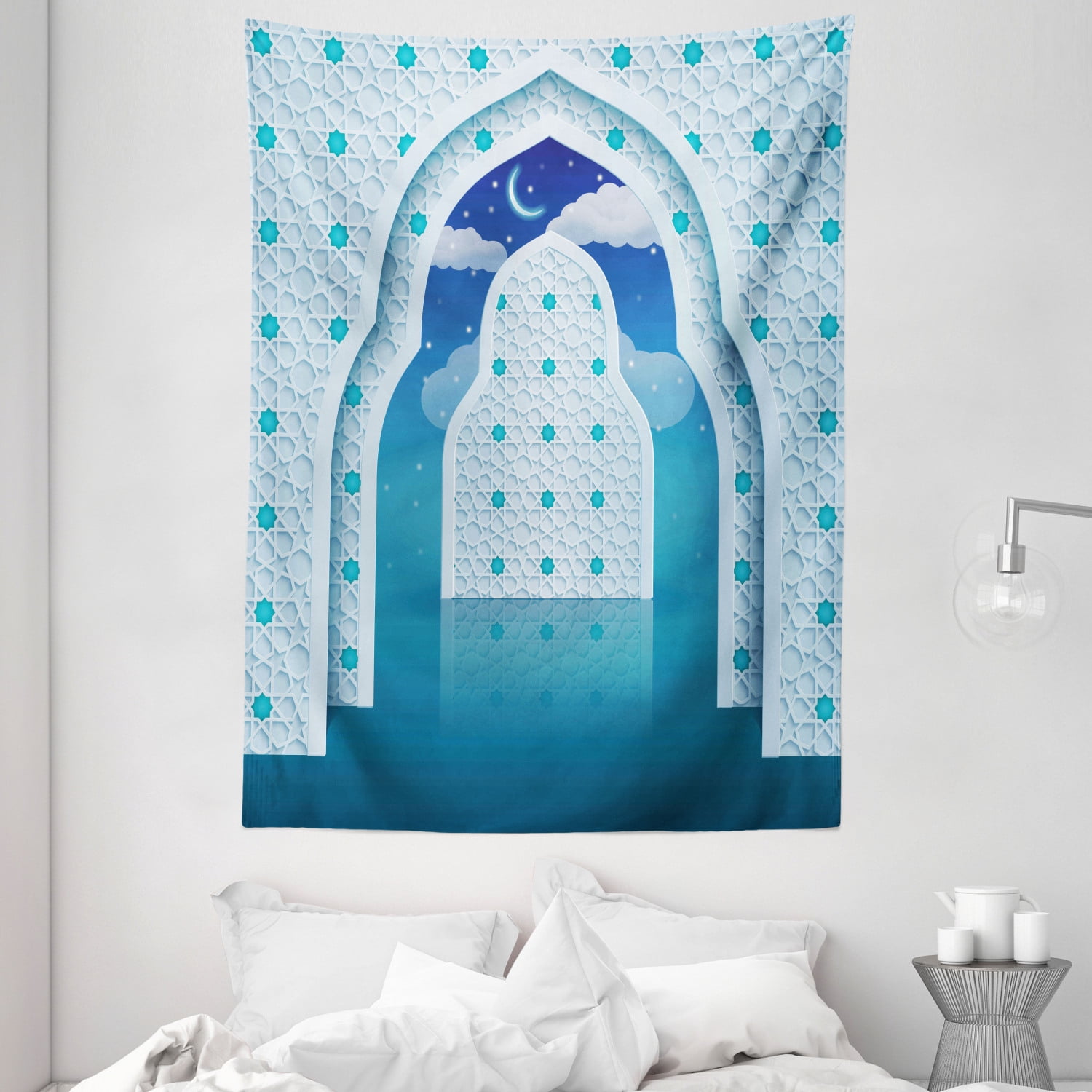 Moroccan Tapestry, Eastern Arabic Quote Textured Arch Door with Cloudy ...