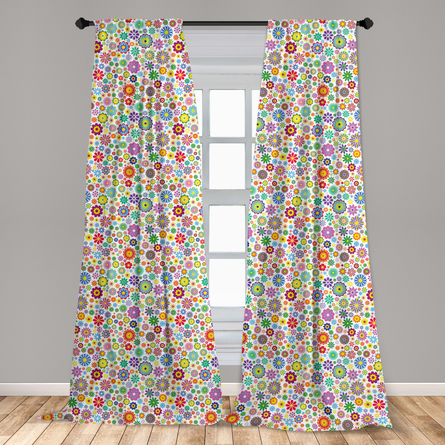 Floral Curtains 2 Panels Set, Flowers Peace Hippie Style Flourishing ...