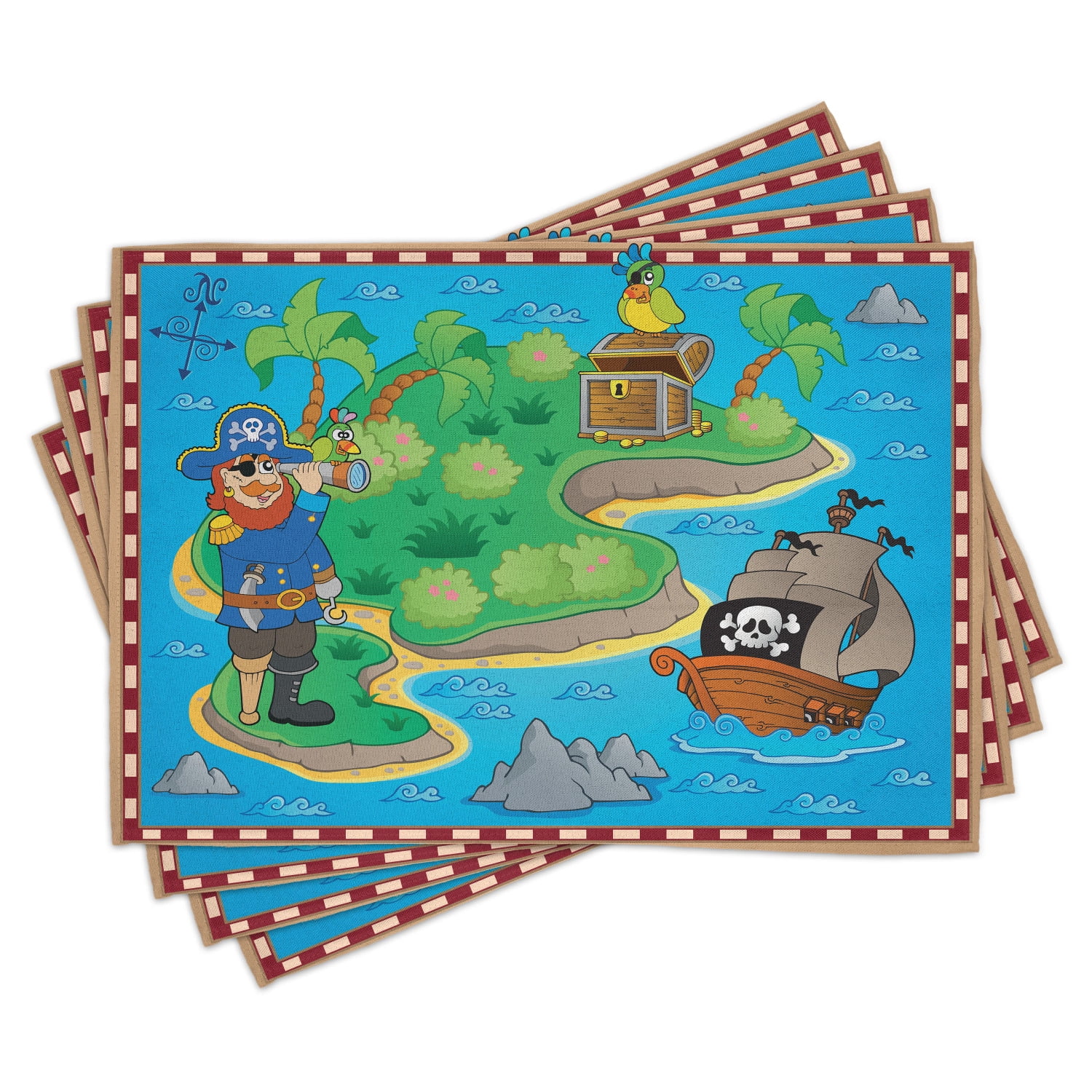 Ambesonne Cartoon Place Mats Set of 4, Funny Pirate Ship Island ...
