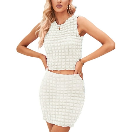 Diconna Women Summer 2 Piece Sets Popcorn Tank Tops and Elastic Mini ...