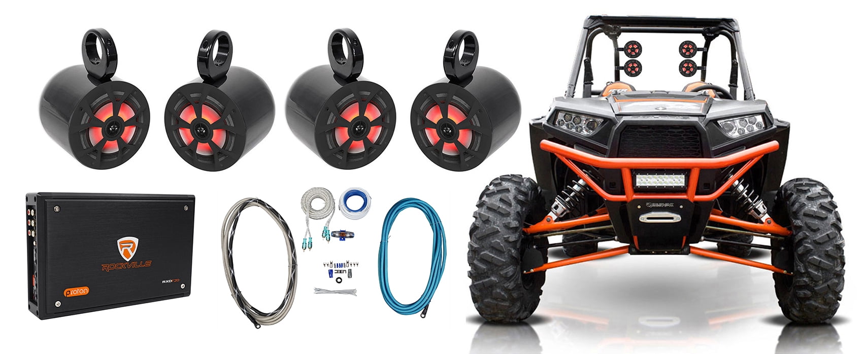 (4) Rockville RKL65MBW 6.5" Tower LED Speakers+Amp For Polaris RZR/ATV ...