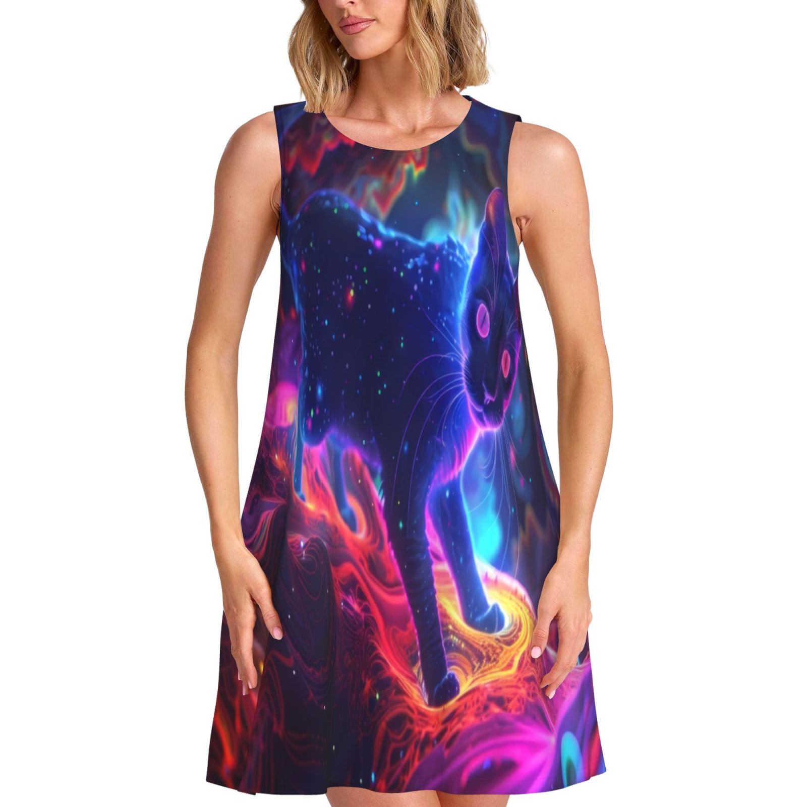 Daiia Cosmic Cat Psychedelic Journey Print Women's Dresses 2025 Trendy ...
