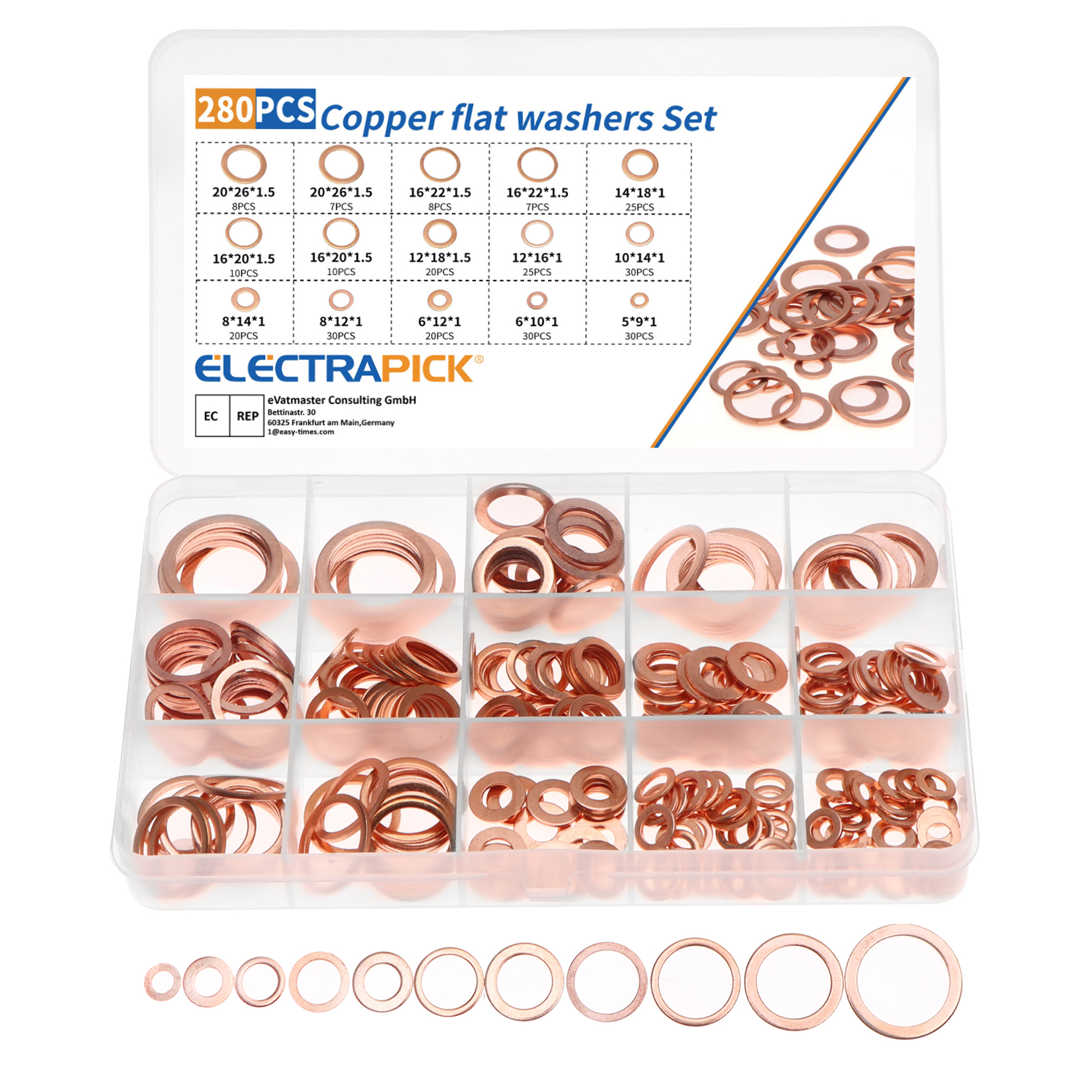 Electrapick O Ring Flat Washers Set 280 PCS, Flat Ring Seal Copper ...