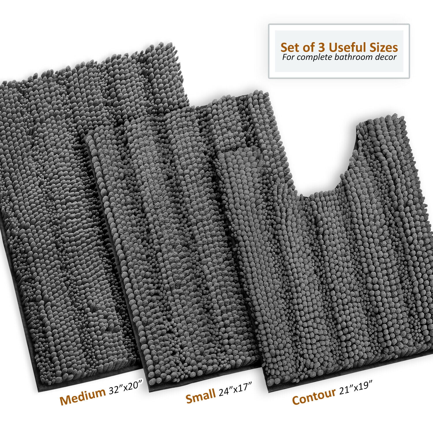 Chenille Shag Bath Rugs, Shaggy Bathroom Mat Set of 3 Piece, Extra Soft ...