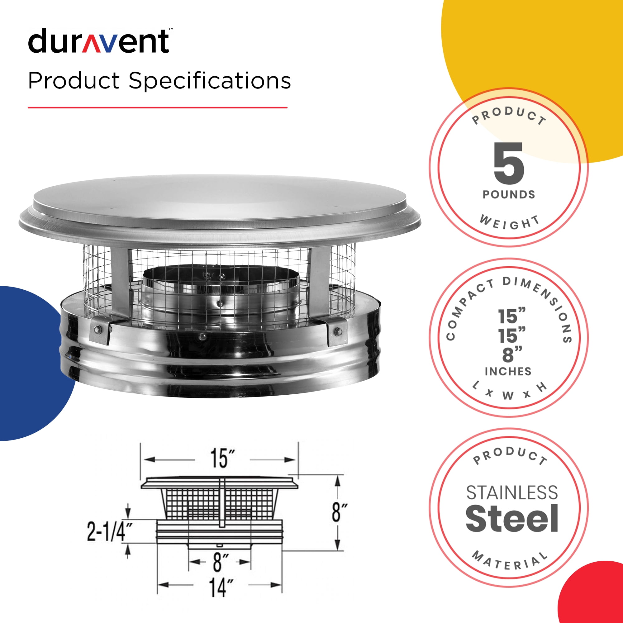 DuraVent DuraPlus Stainless Steel Round Chimney Cap, 8 Inch Diameter ...