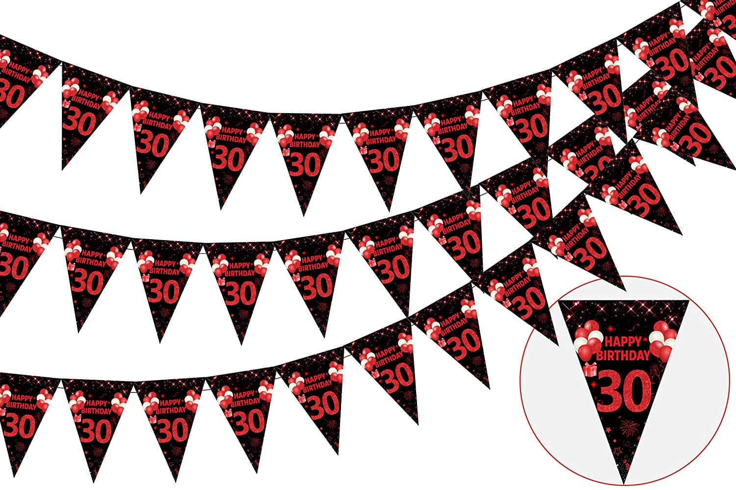 3 Pack 30th Happy Birthday Bunting Banner, 36 Pieces Triangle Flag Red ...