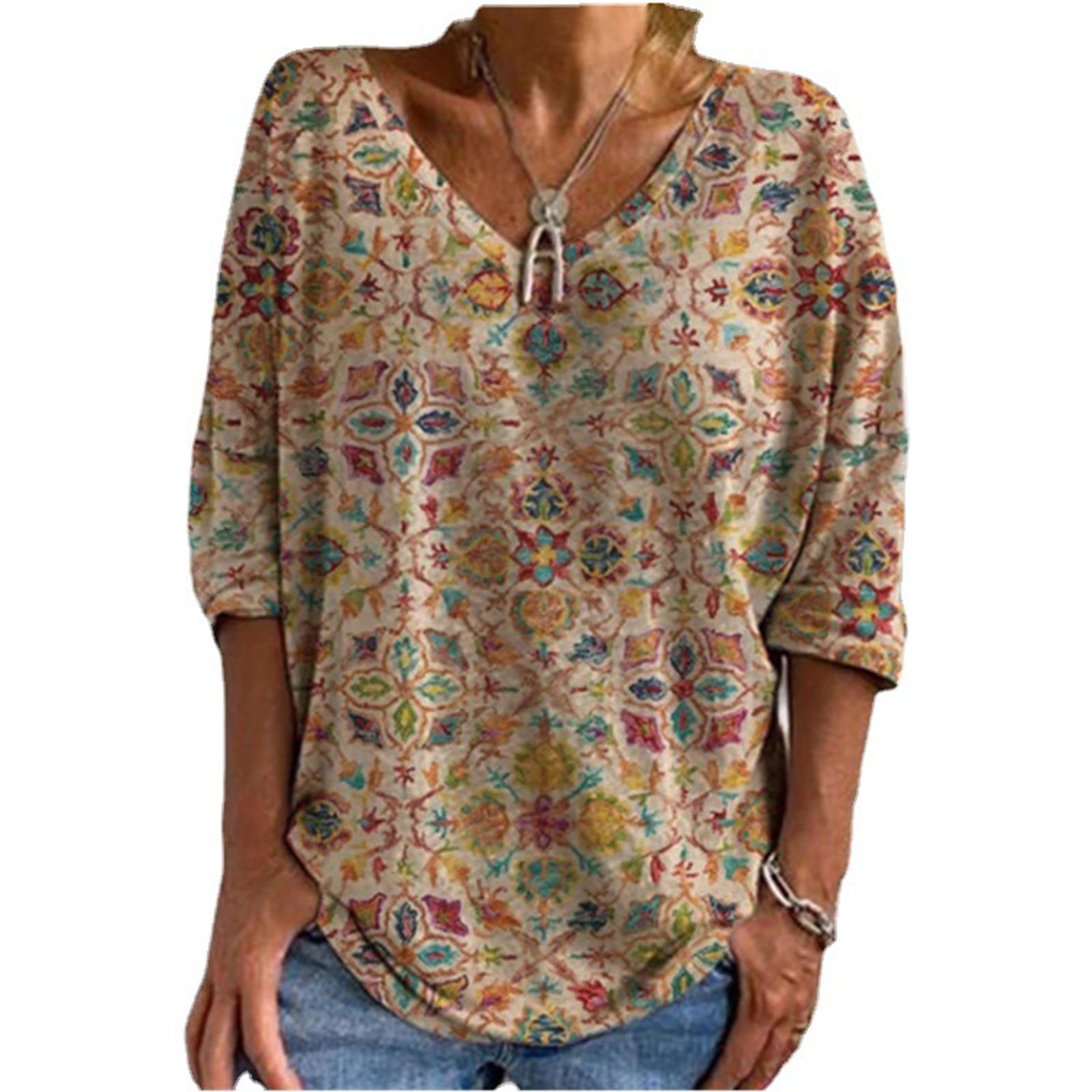 Summer 3/4 Sleeve Tops for Women Ethnic Retro V Neck Elbow Length Tee Shirt Casual Loose Fit ...