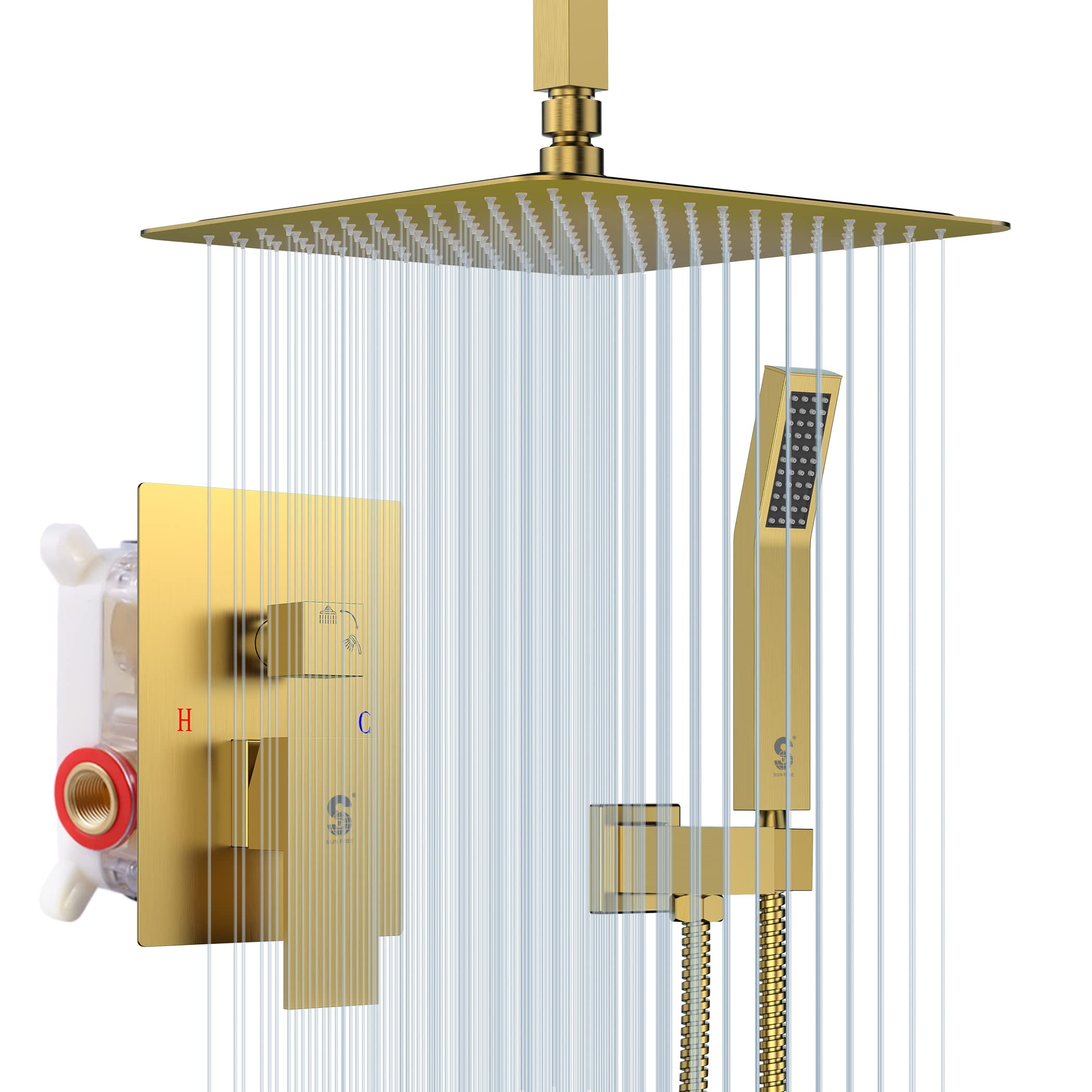 10 Inches Brushed Gold Shower System Bathroom Luxury Rain Mixer Shower Faucet Set Ceiling ...