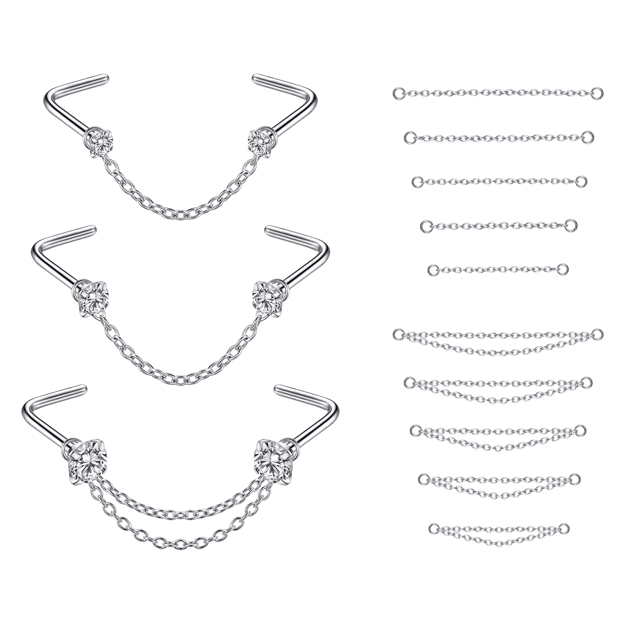 ZS 16Pcs/Set Nose Chain Piercing Across Nose Stud Claw Cubic Zirconia ...