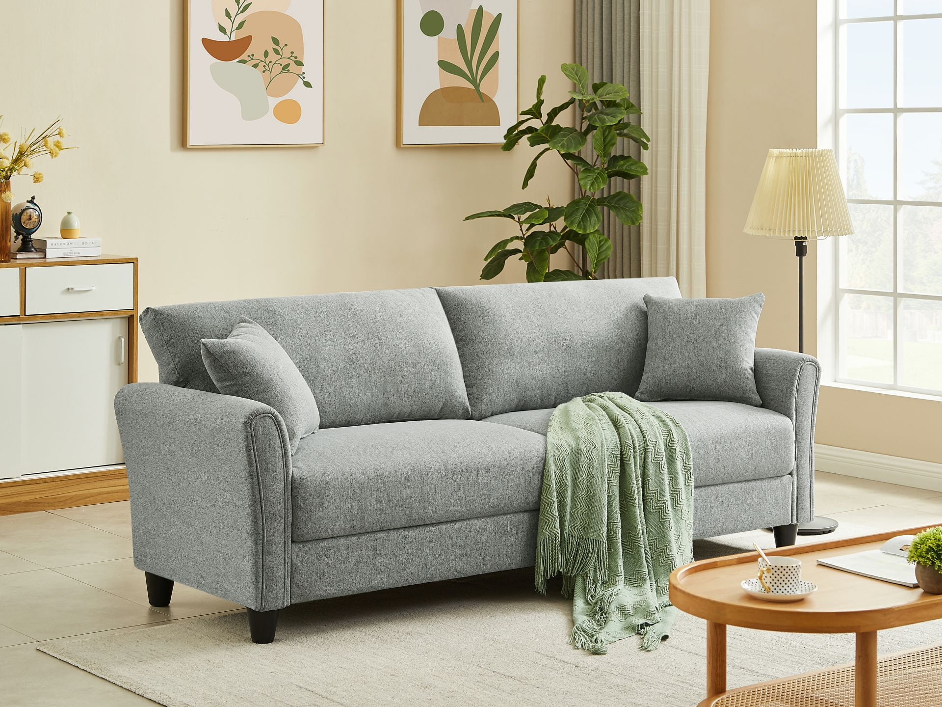 Modern Linen Sofa with 2 Pillows, Detachable Indoor Sofa for Three ...